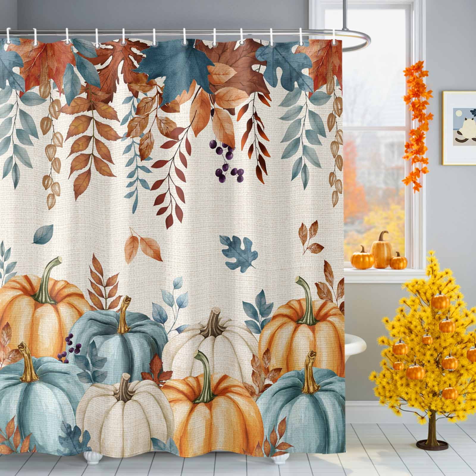 Bathroom Shower Curtain Thanksgiving Pumpkin Foliage Retro Linen ...