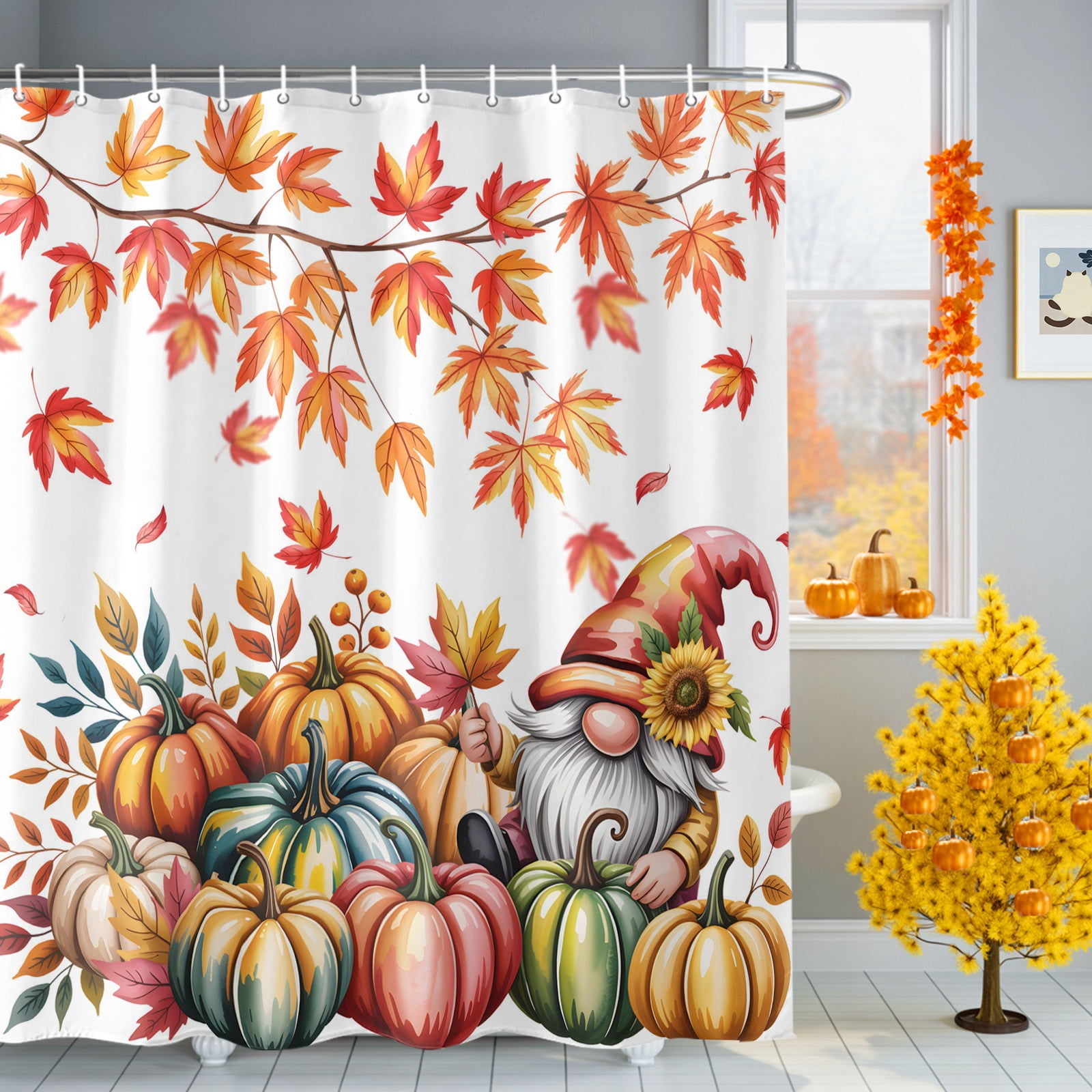 Bathroom Shower Curtain Thanksgiving Pumpkin Gnome Waterproof Shower ...