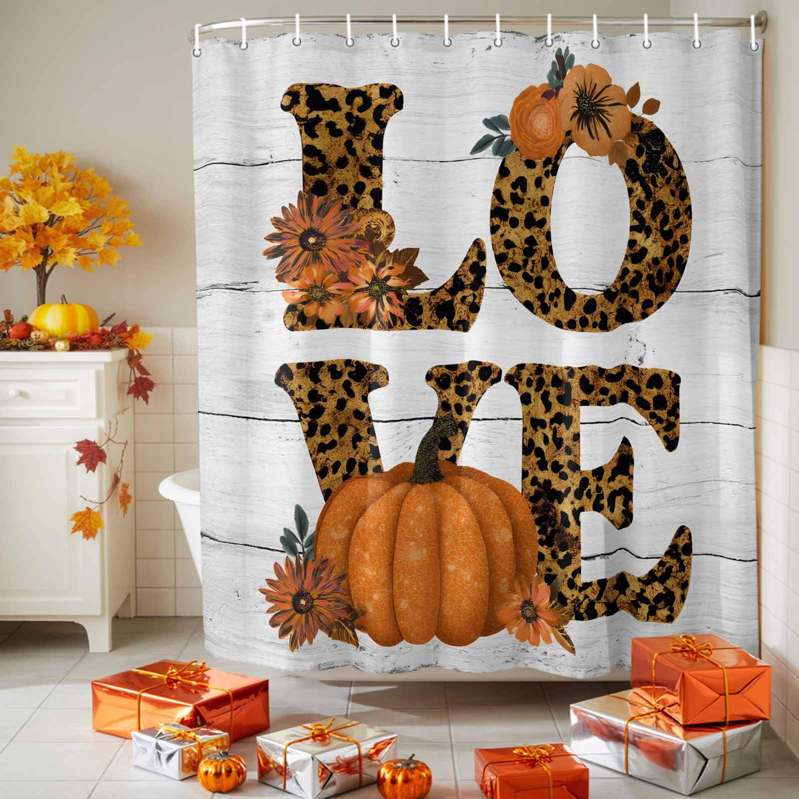 Bathroom Shower Curtain Thanksgiving Pumpkin Leopard Love Waterproof ...