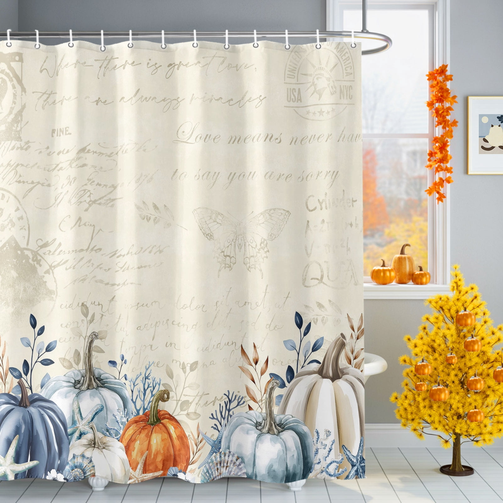 Bathroom Shower Curtain Thanksgiving Pumpkin Ocean Starfish Waterproof ...