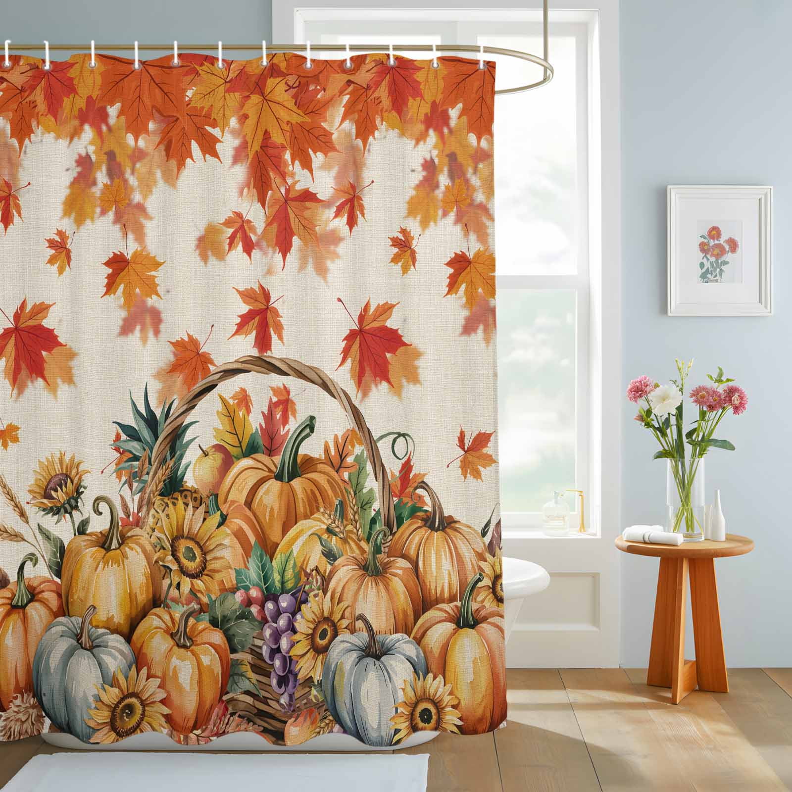 Bathroom Shower Curtain Thanksgiving Pumpkin Sunflower Waterproof ...