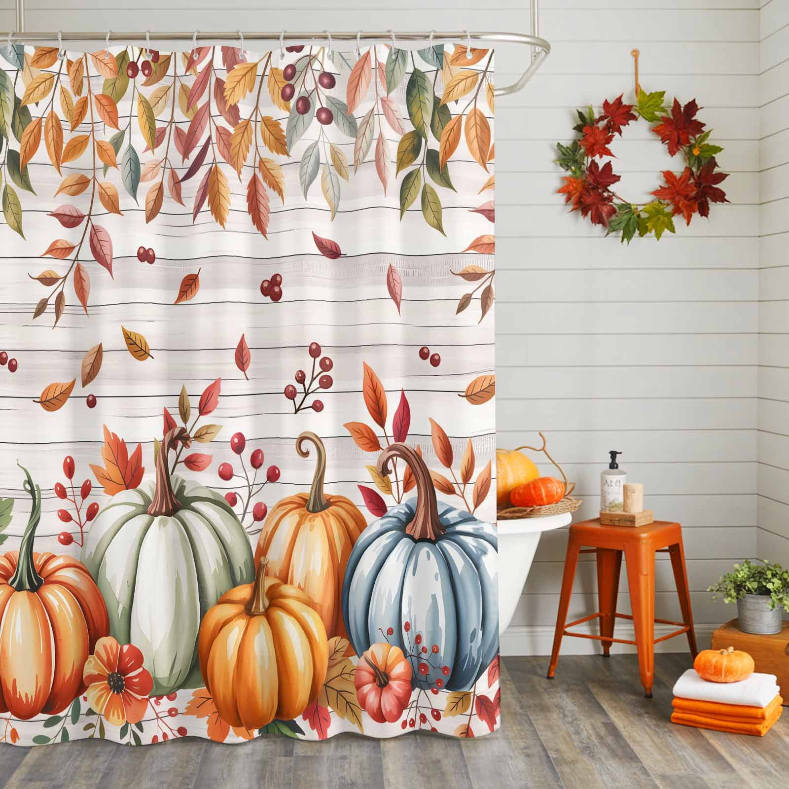 Bathroom Shower Curtain Thanksgiving Pumpkin on Wood Board Waterproof ...