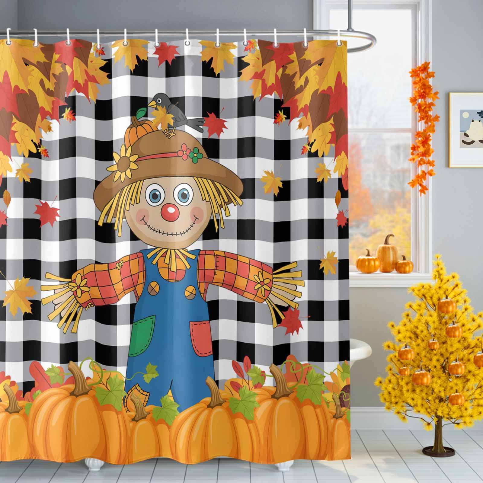Bathroom Shower Curtain Thanksgiving Straw Man Pumpkin Harvest ...