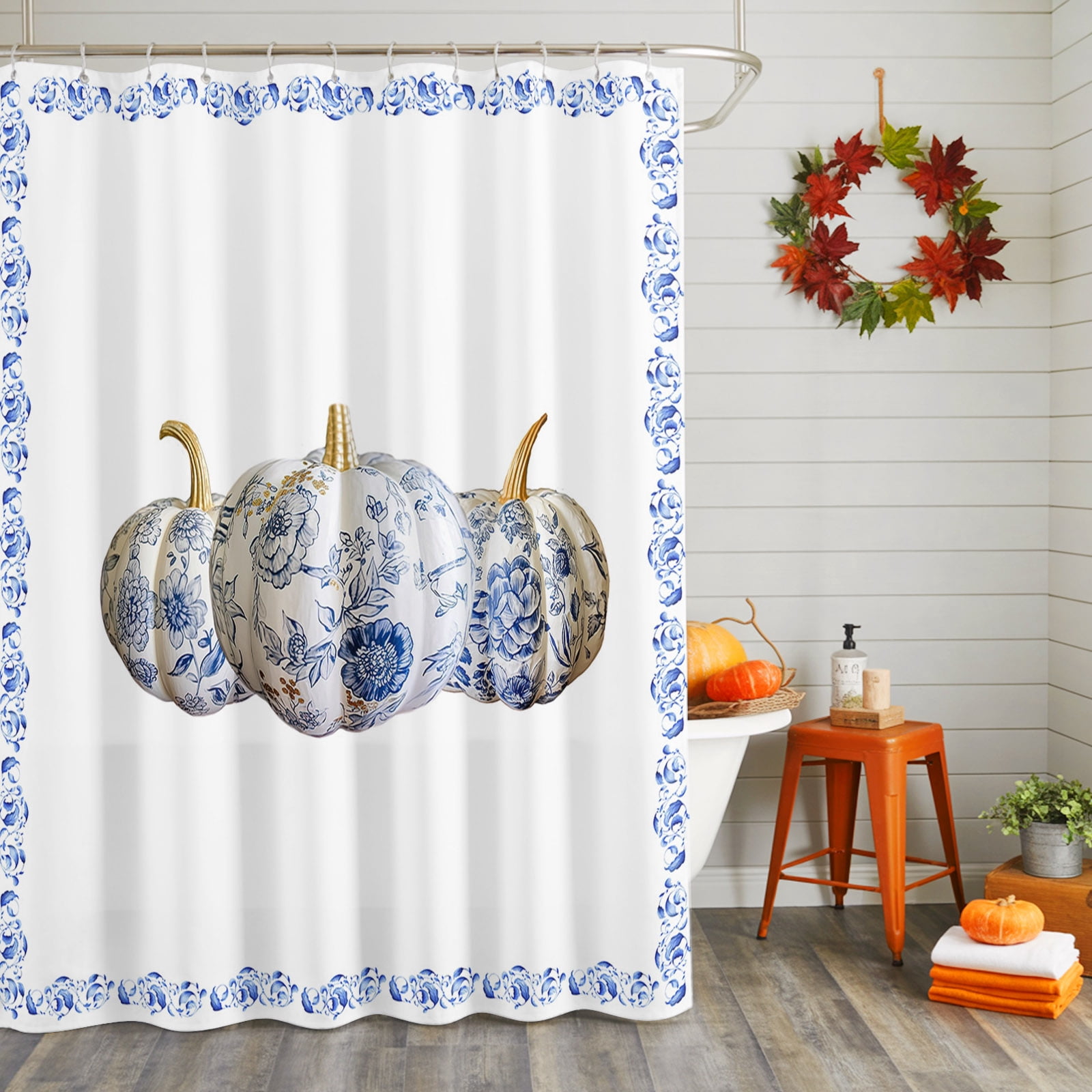Bathroom Shower Curtain Thanksgiving Watercolor Pumpkin Porcelain ...