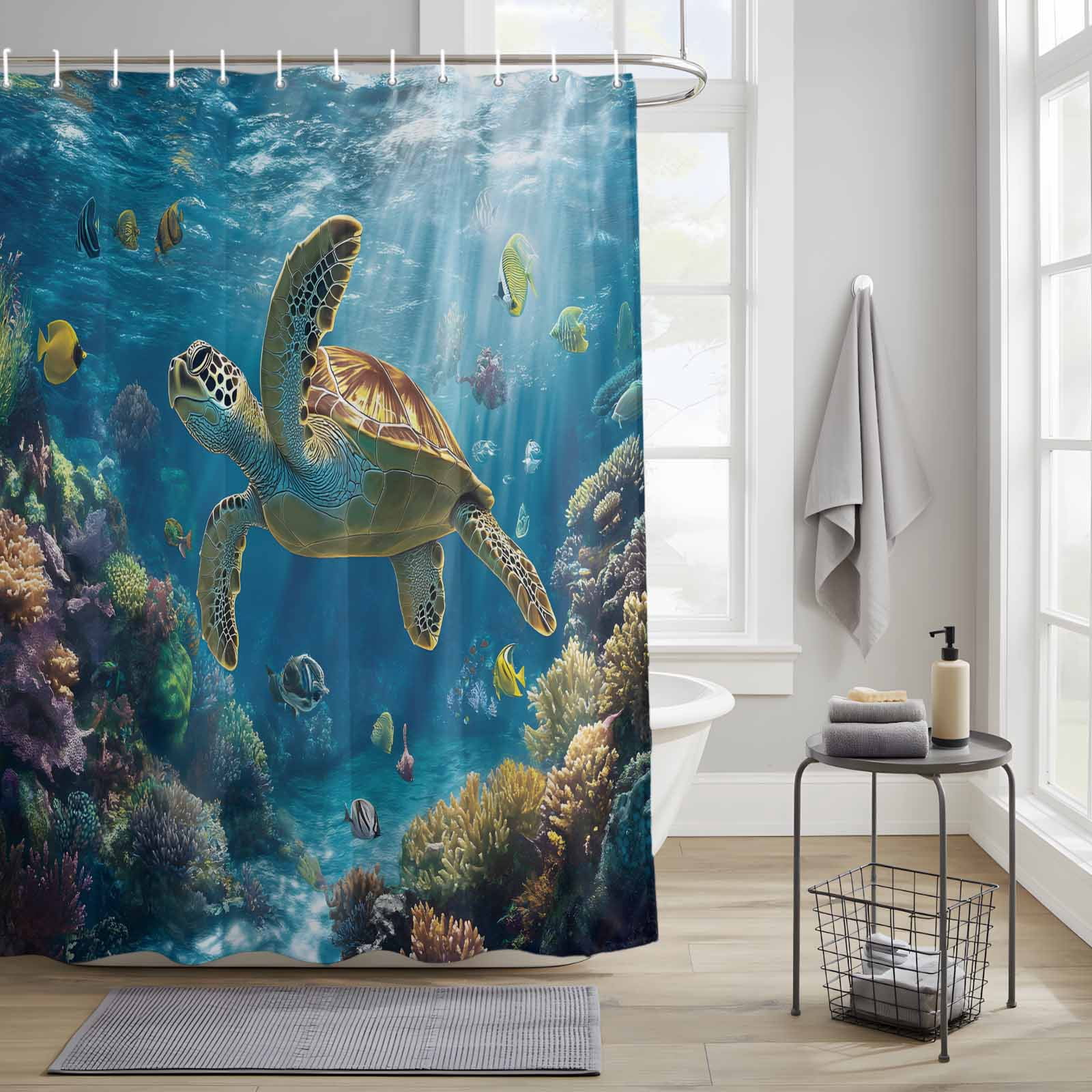 Bathroom Shower Curtain Tropical Ocean Turtle Coral Waterproof Shower ...