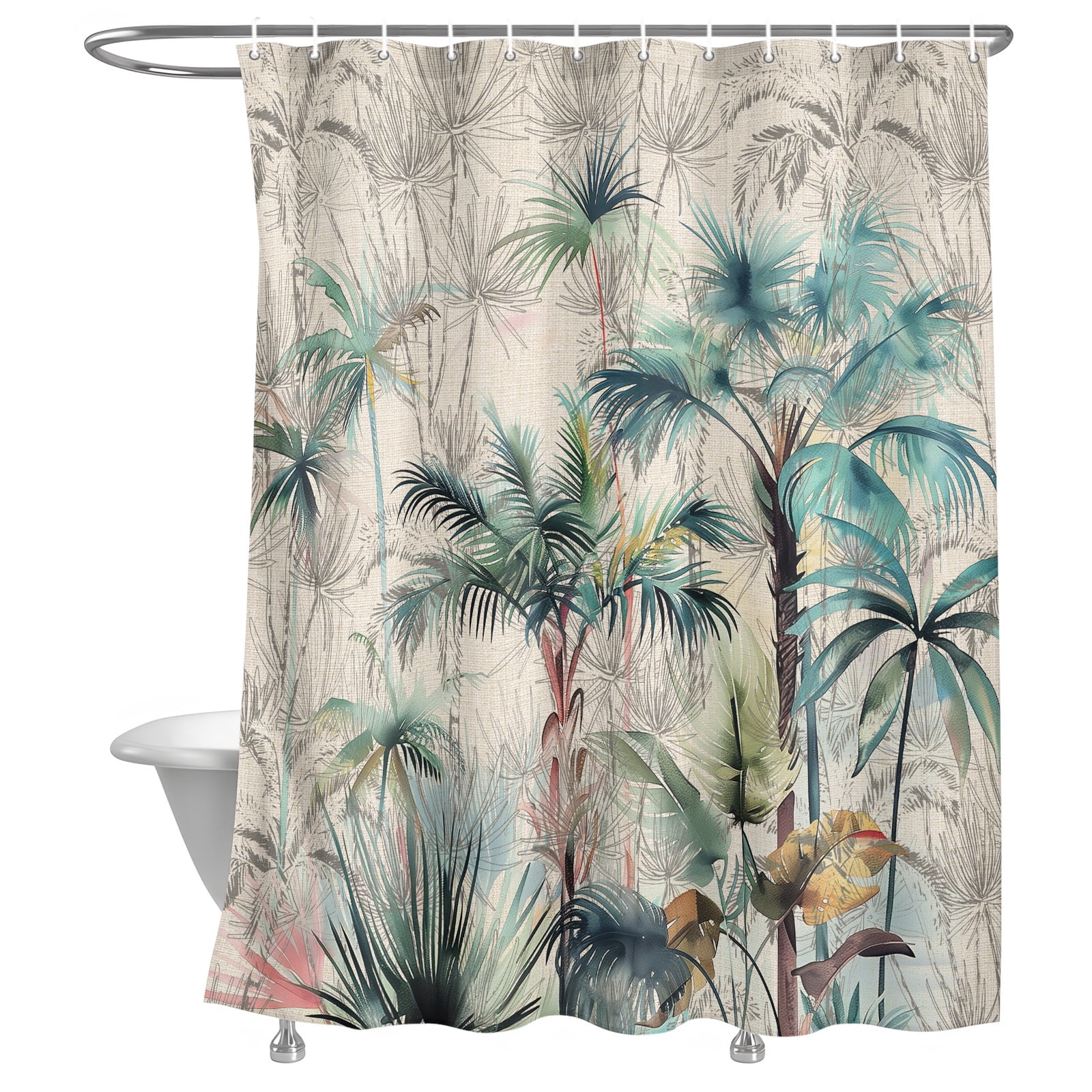 Bathroom Shower Curtain Tropical Palm Tree Monstera Plant Waterproof ...
