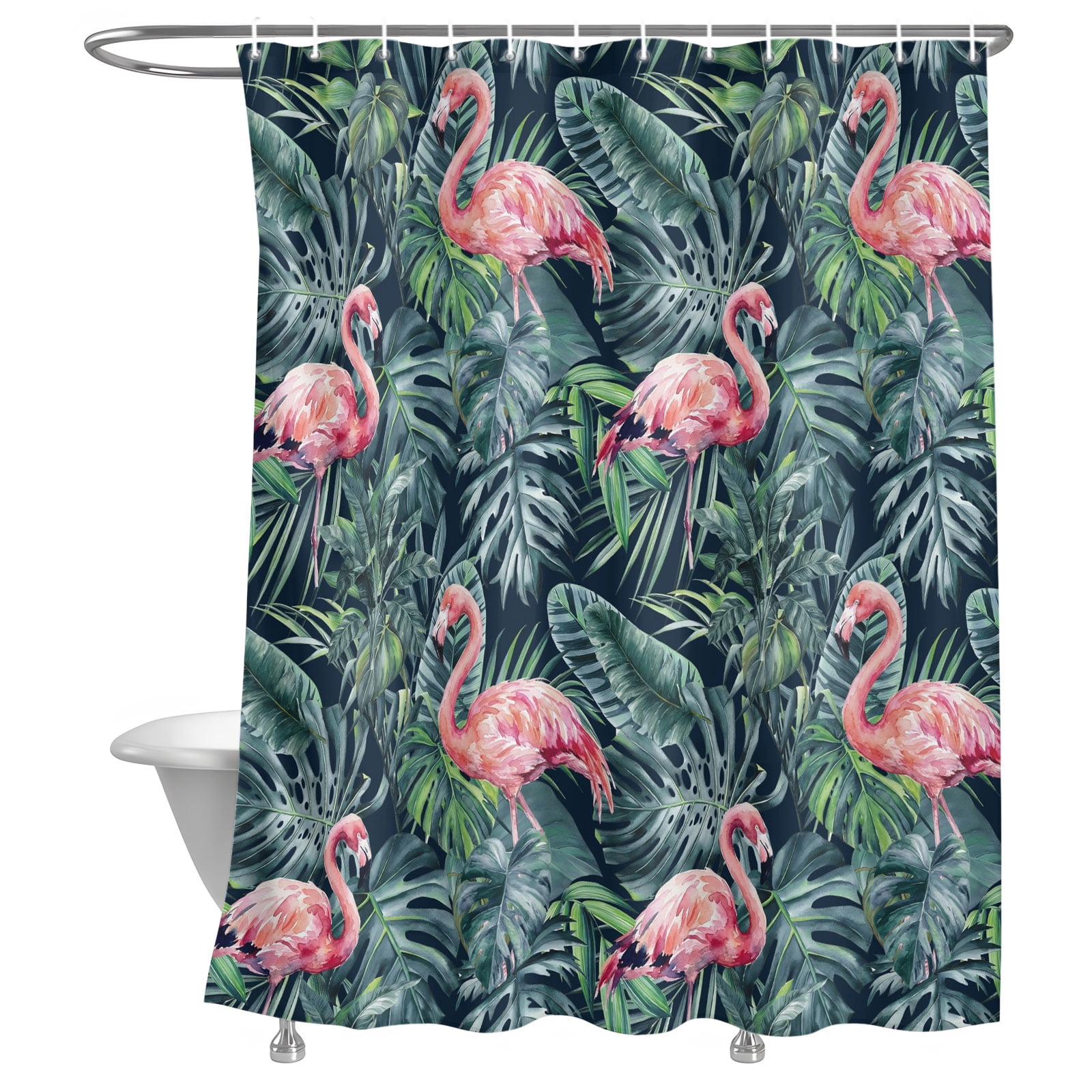 Bathroom Shower Curtain Tropical Pink Flamingo Plants Waterproof Shower ...