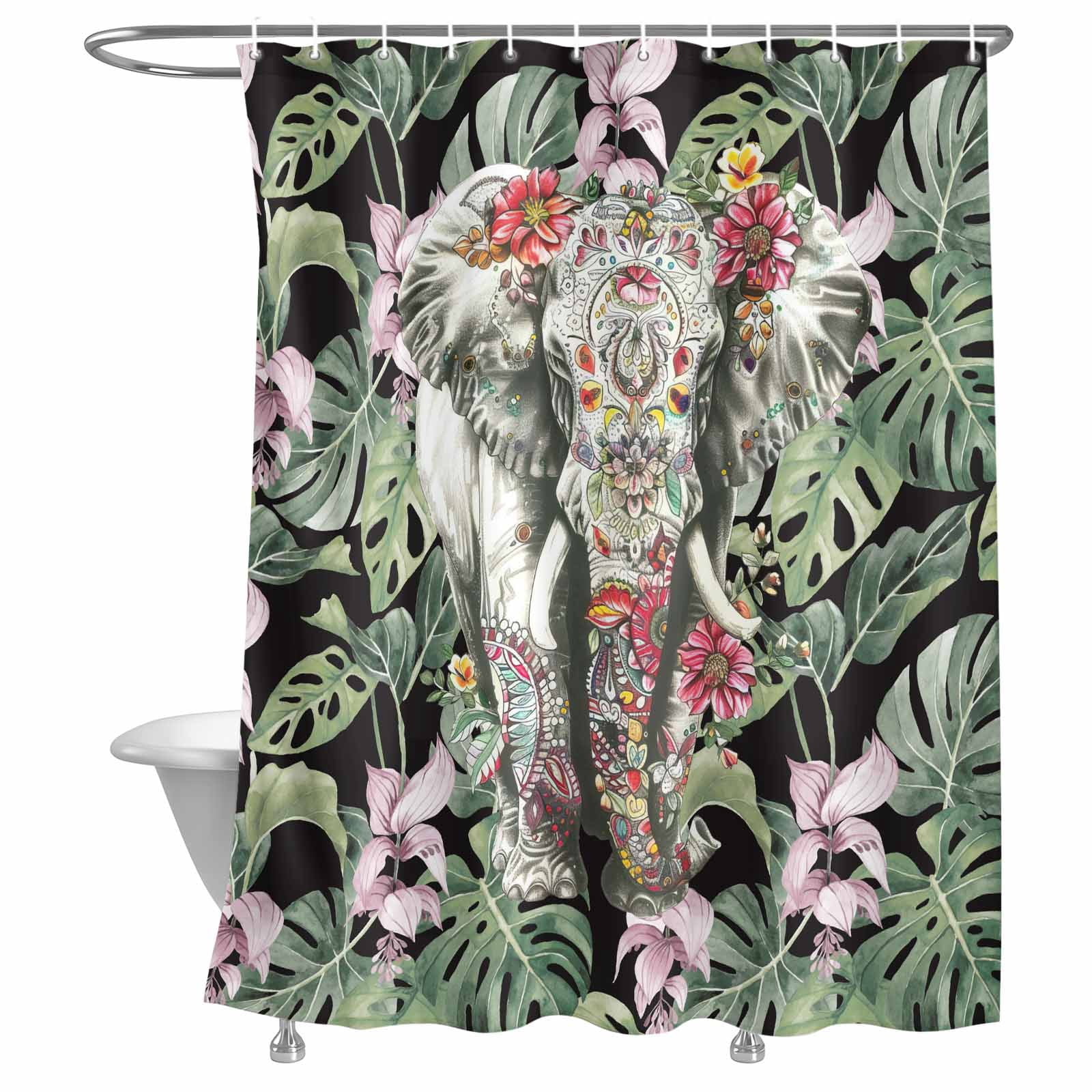 Bathroom Shower Curtain Tropical Tribal Ethnic Elephant Flower ...
