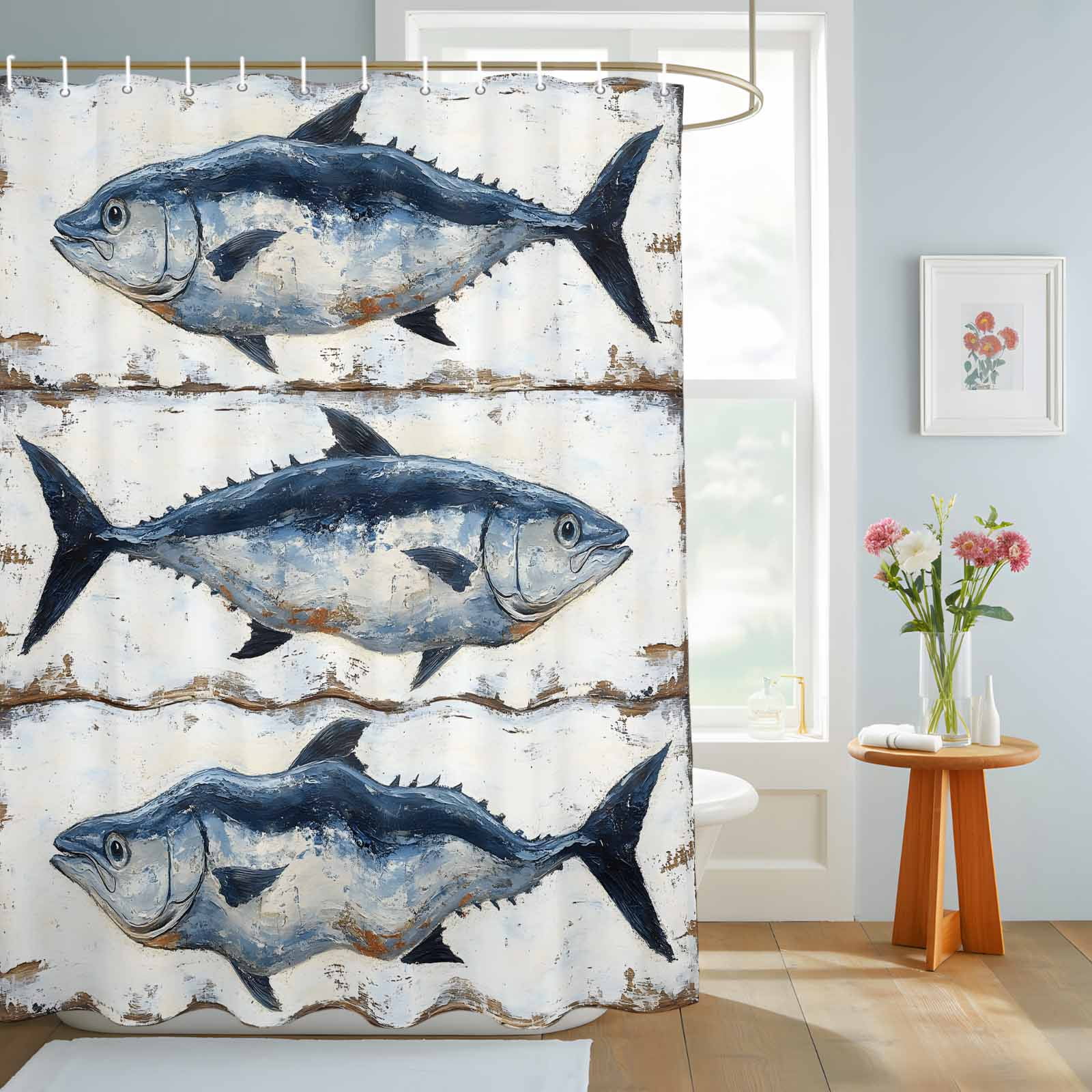Bathroom Shower Curtain Tuna Blue Fish Waterproof Shower Curtains with ...