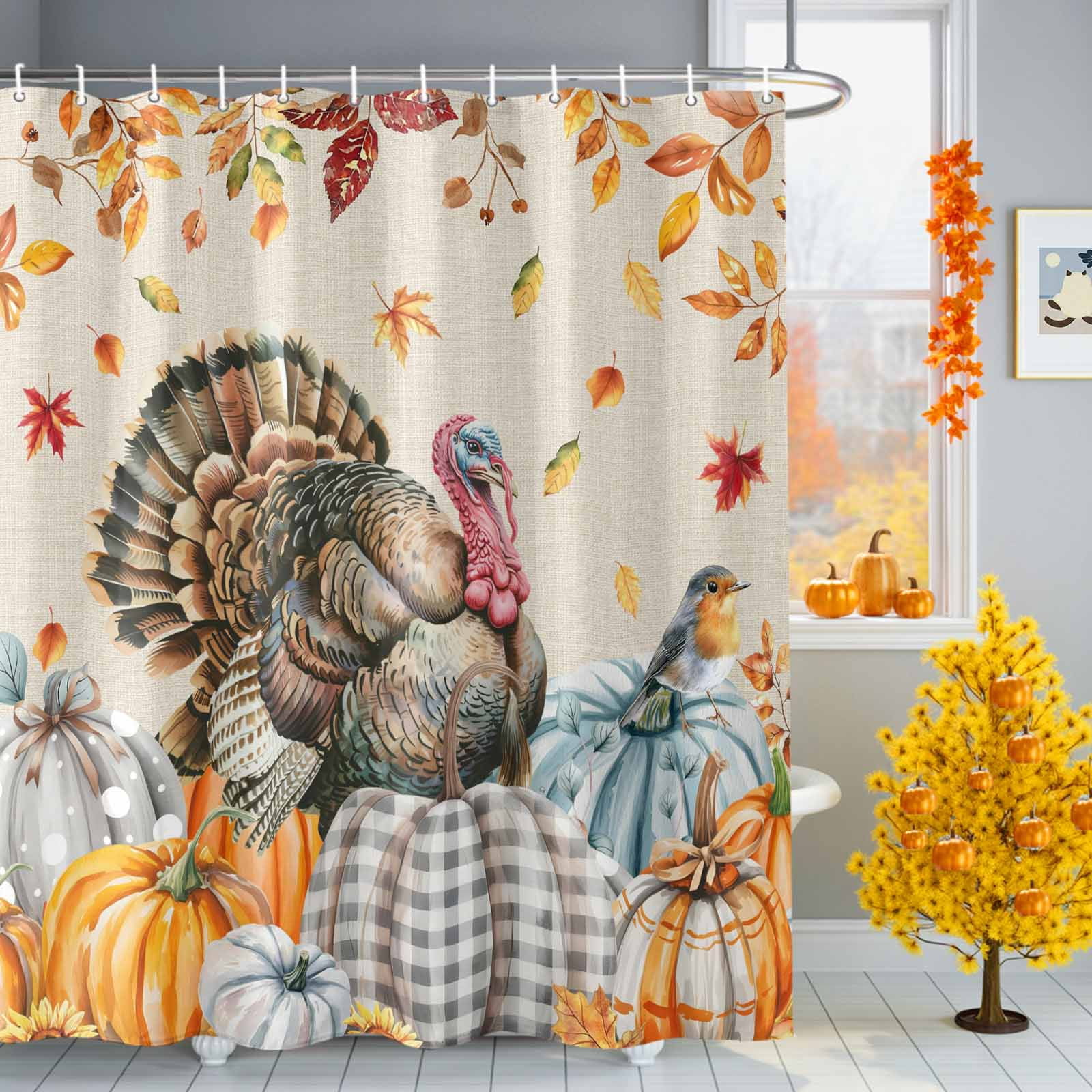 Bathroom Shower Curtain Turkey Fall Thanksgiving Pumpkin Waterproof ...