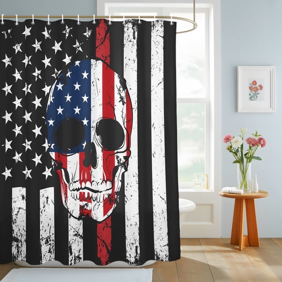 Bathroom Shower Curtain USA Flag Skull Independence Day Star Waterproof ...