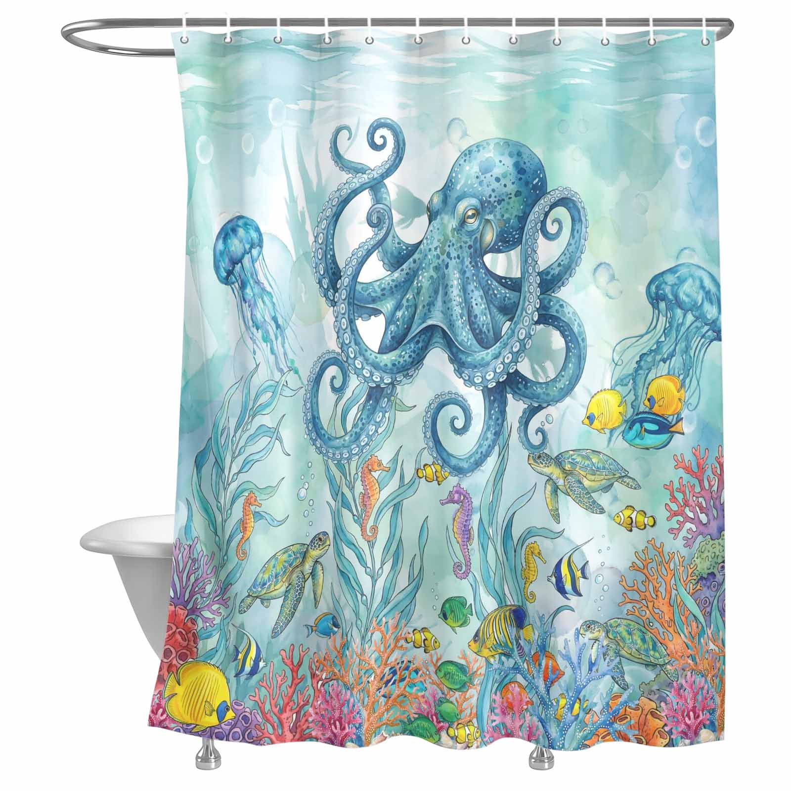 Bathroom Shower Curtain Underwater Life Octopus Coral Waterproof Shower ...