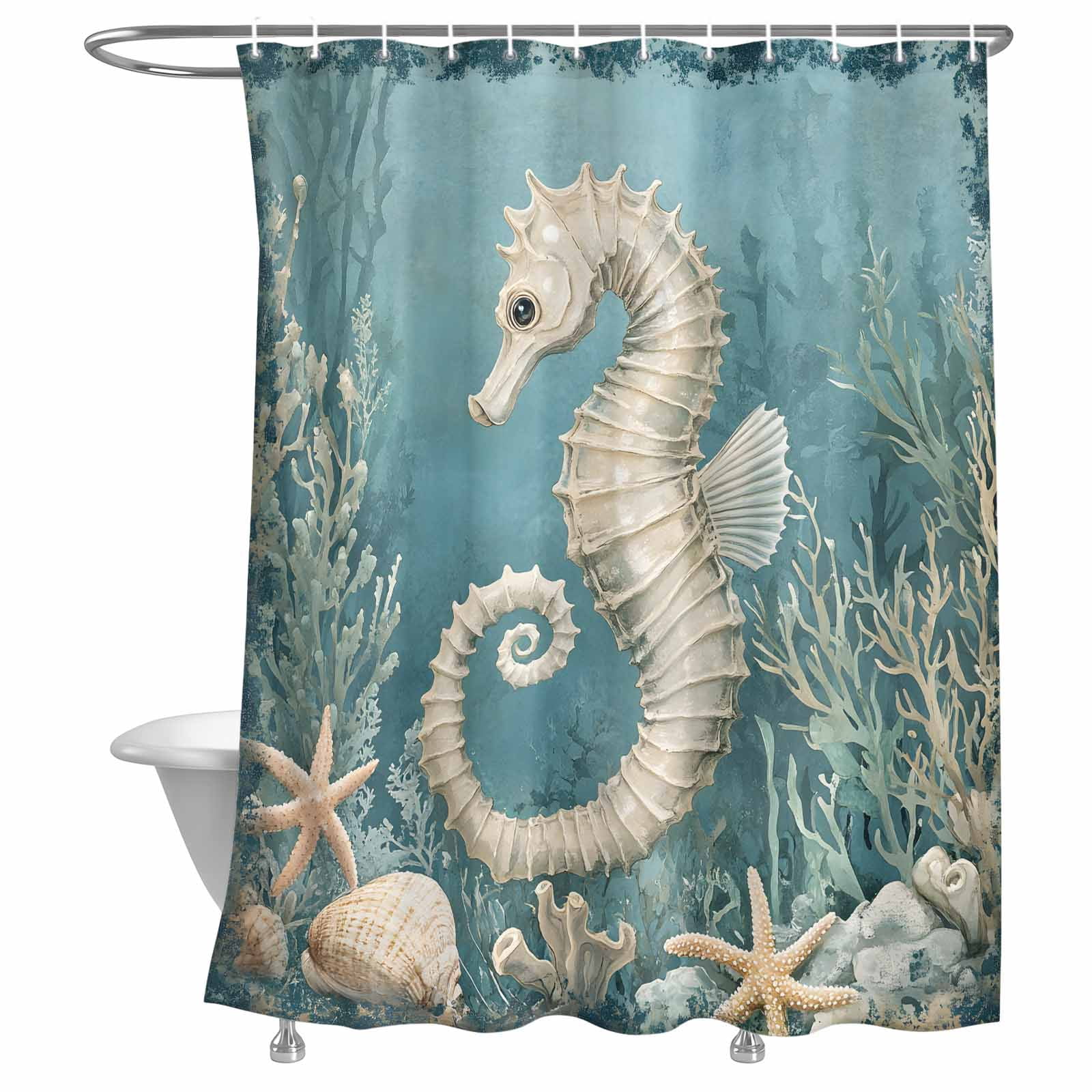 Bathroom Shower Curtain Underwater World Seahorse Starfish Waterproof ...
