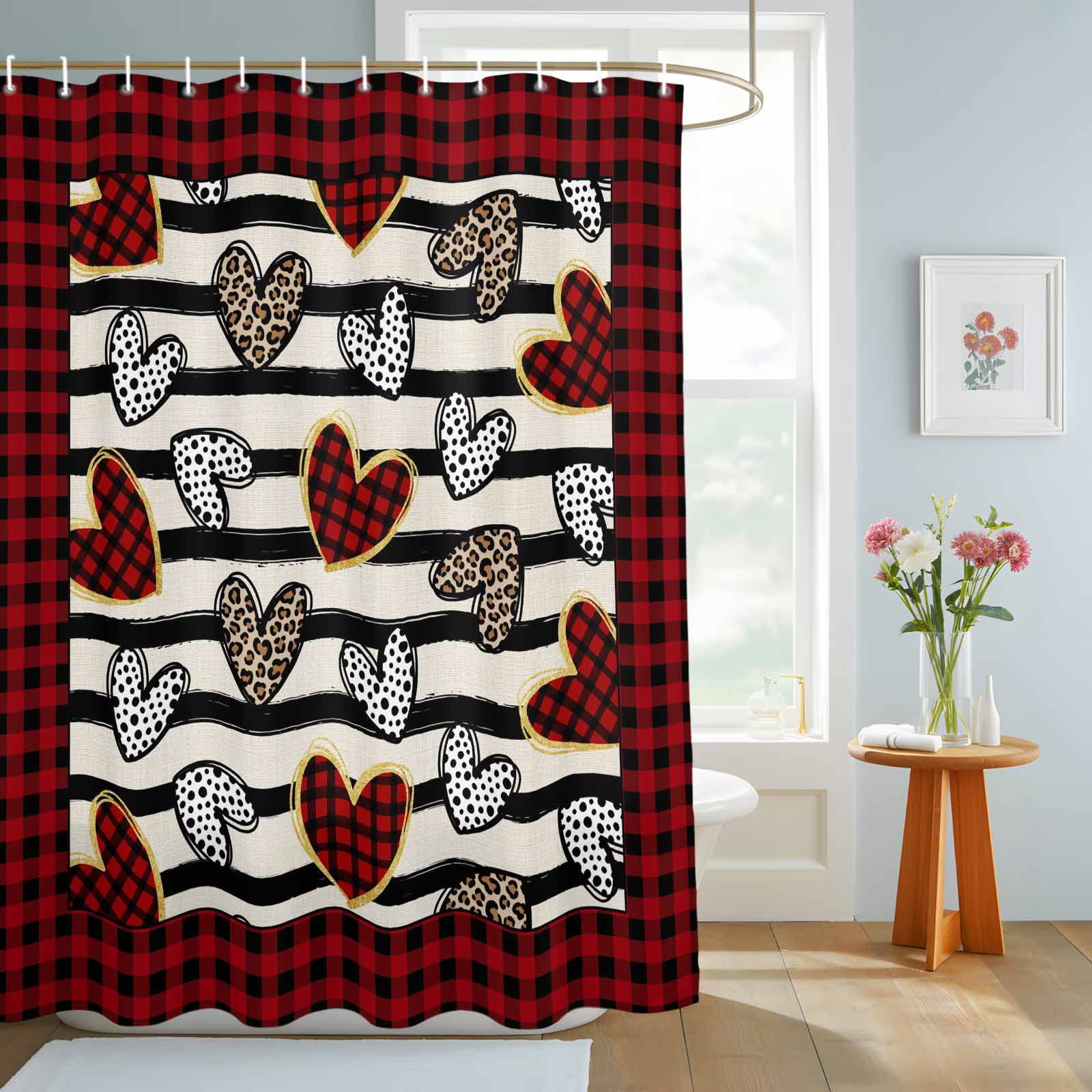 Bathroom Shower Curtain Valentines Red Buffalo Plaid Waterproof Shower ...