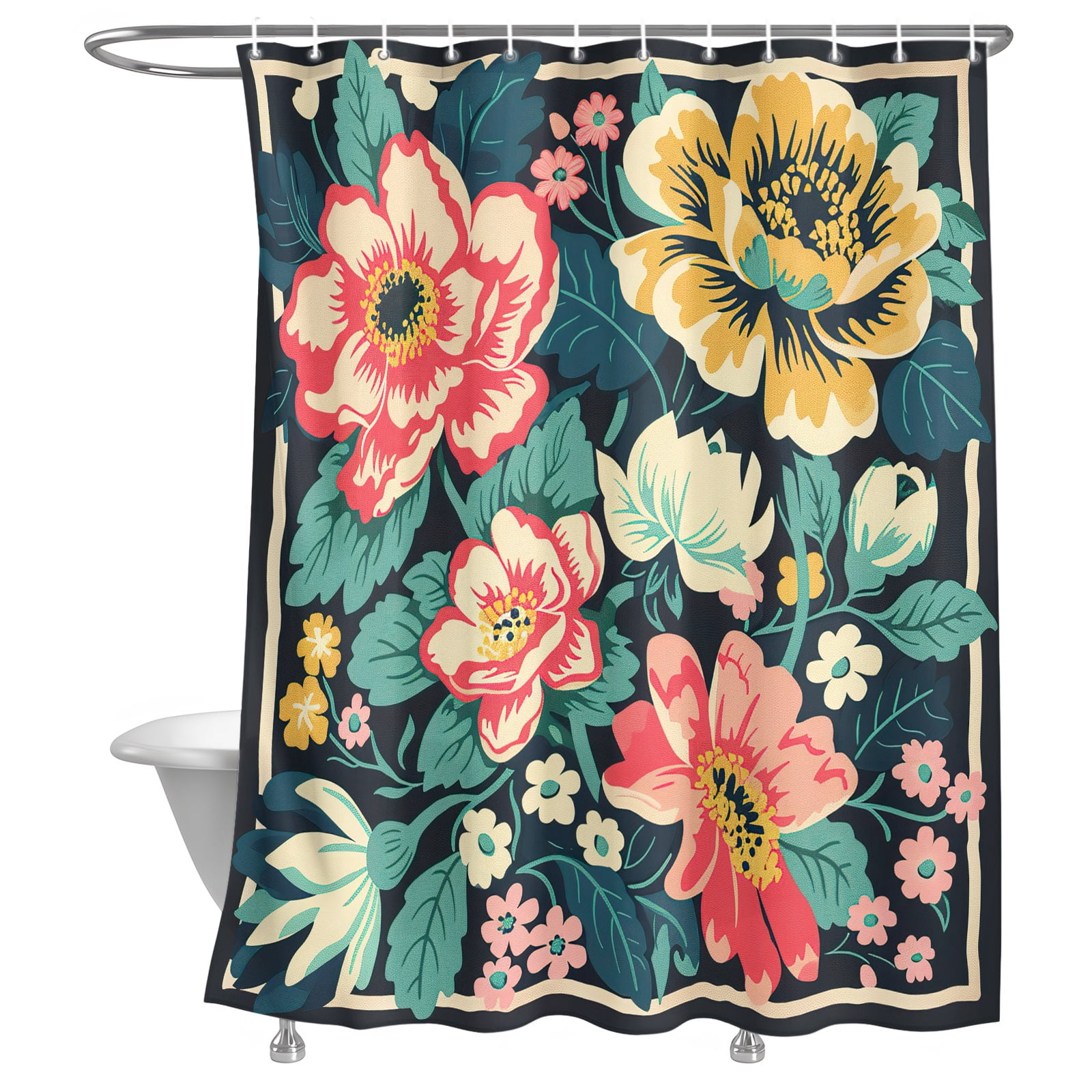 Bathroom Shower Curtain Vintage Blossom Flower on Black Waterproof ...