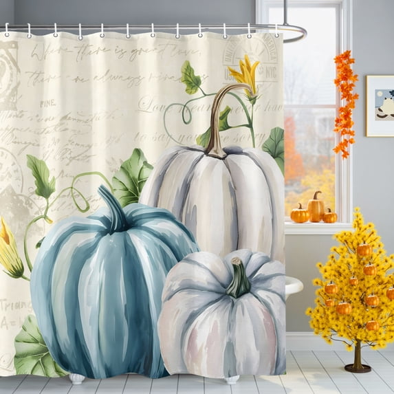 Bathroom Shower Curtain Vintage Blue Pumpkin Waterproof Shower Curtains ...