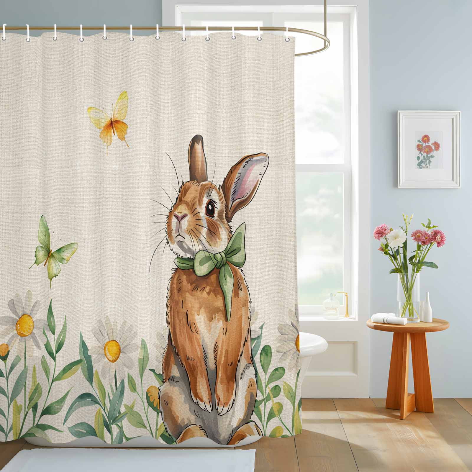 Bathroom Shower Curtain Vintage Country Farm Bunny Waterproof Shower ...