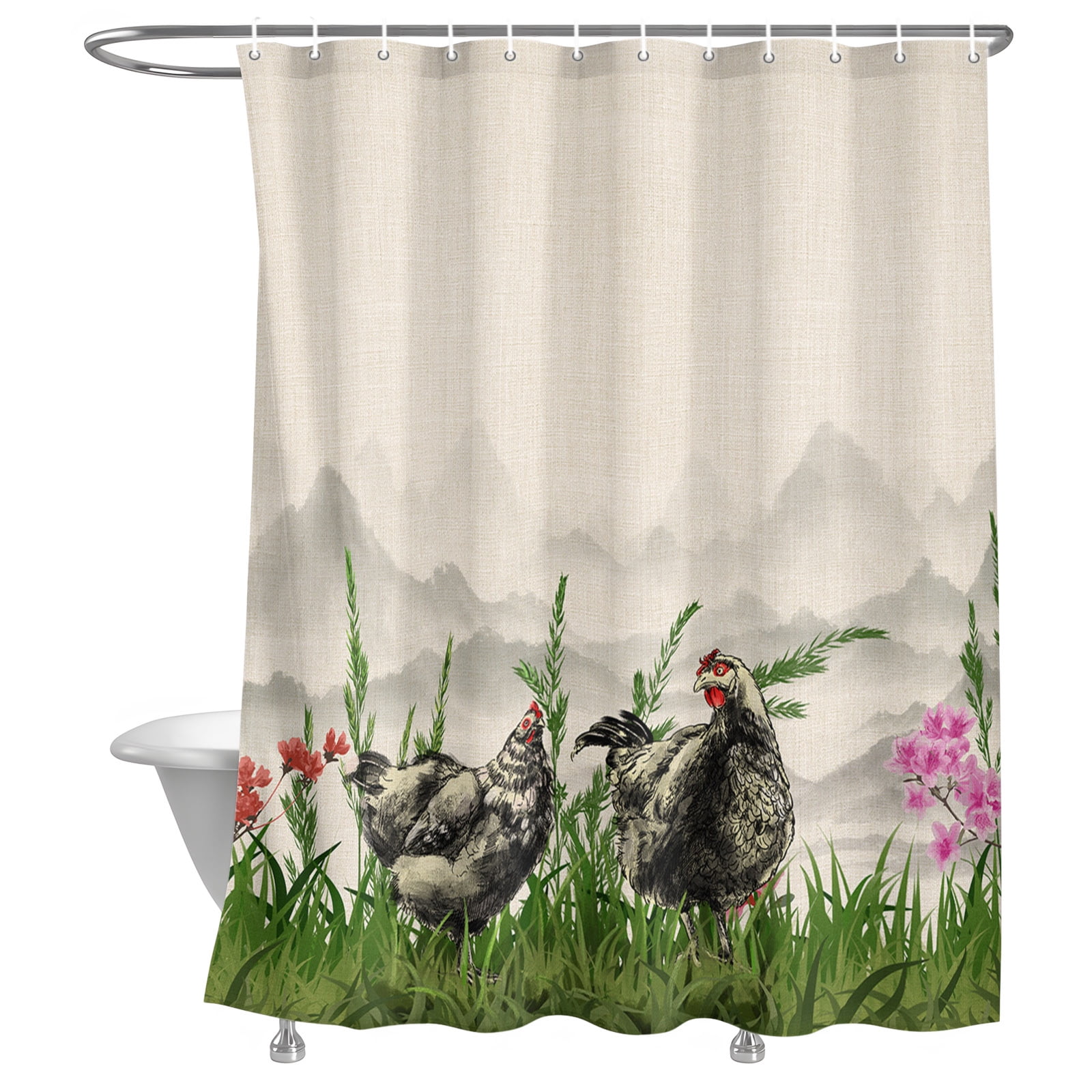 Bathroom Shower Curtain Vintage Farm Chicken Green Grass with Mountain ...