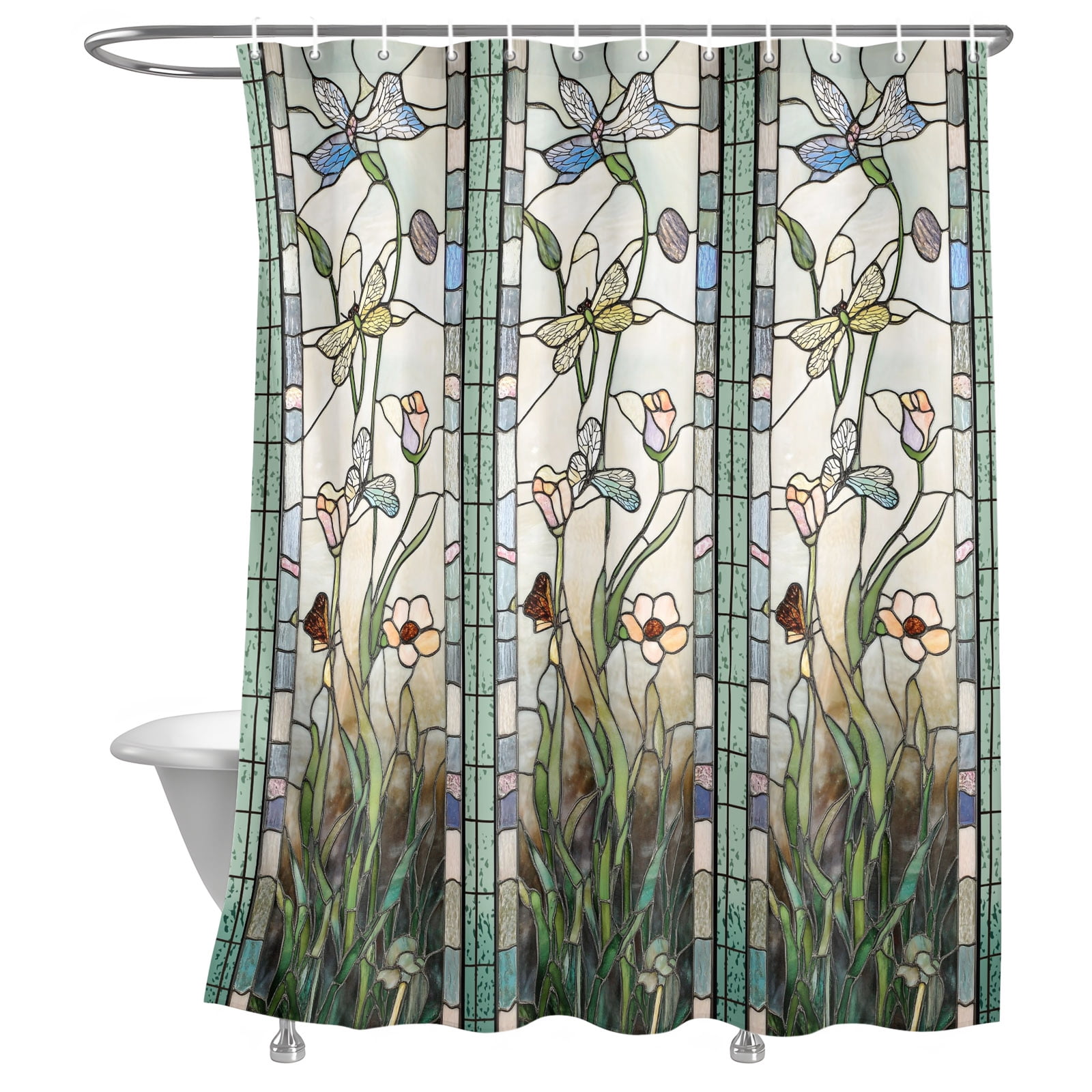 Bathroom Shower Curtain Vintage Floral Dragonfly Waterproof Shower ...