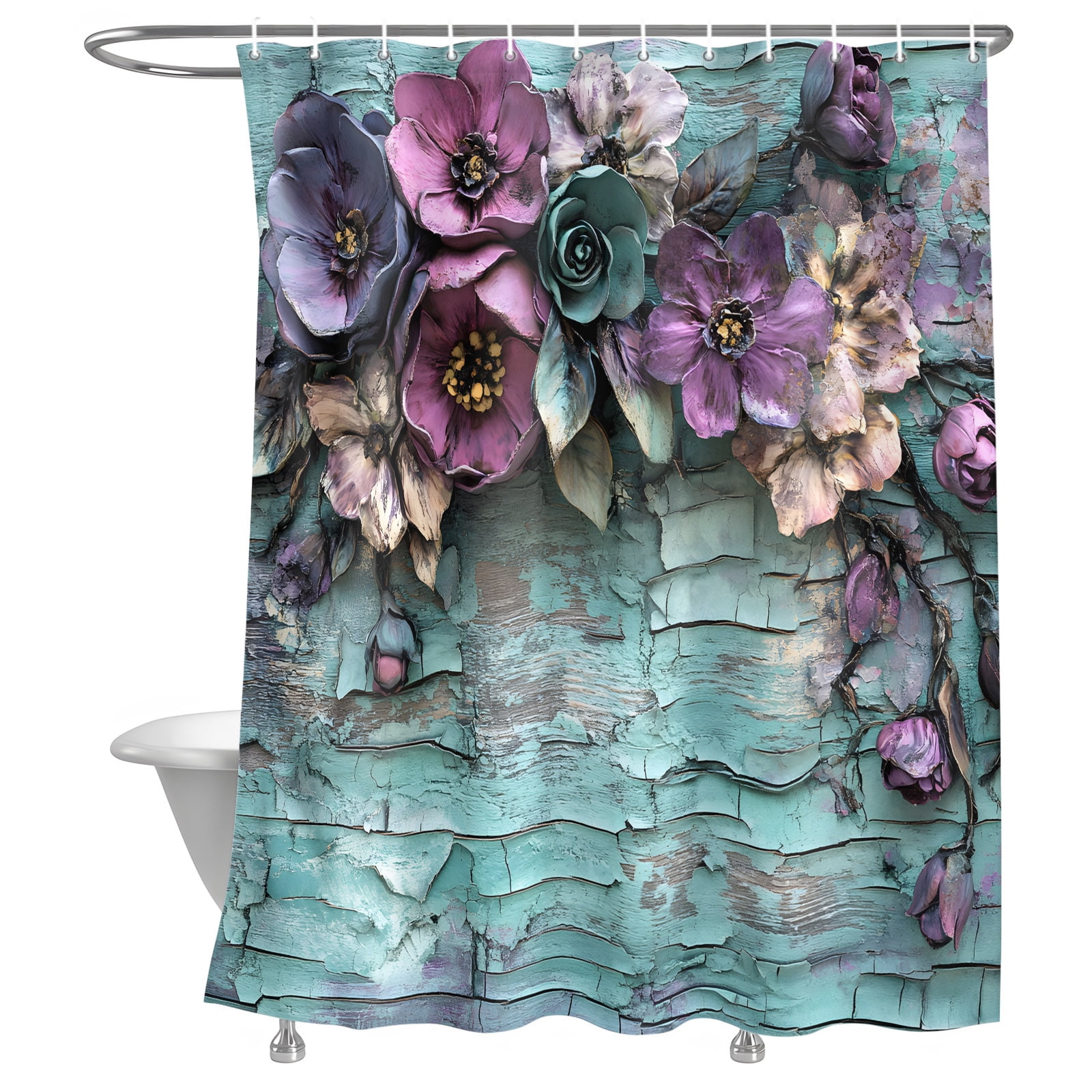 Bathroom Shower Curtain Vintage Flower Teal Mottled Wall Waterproof ...