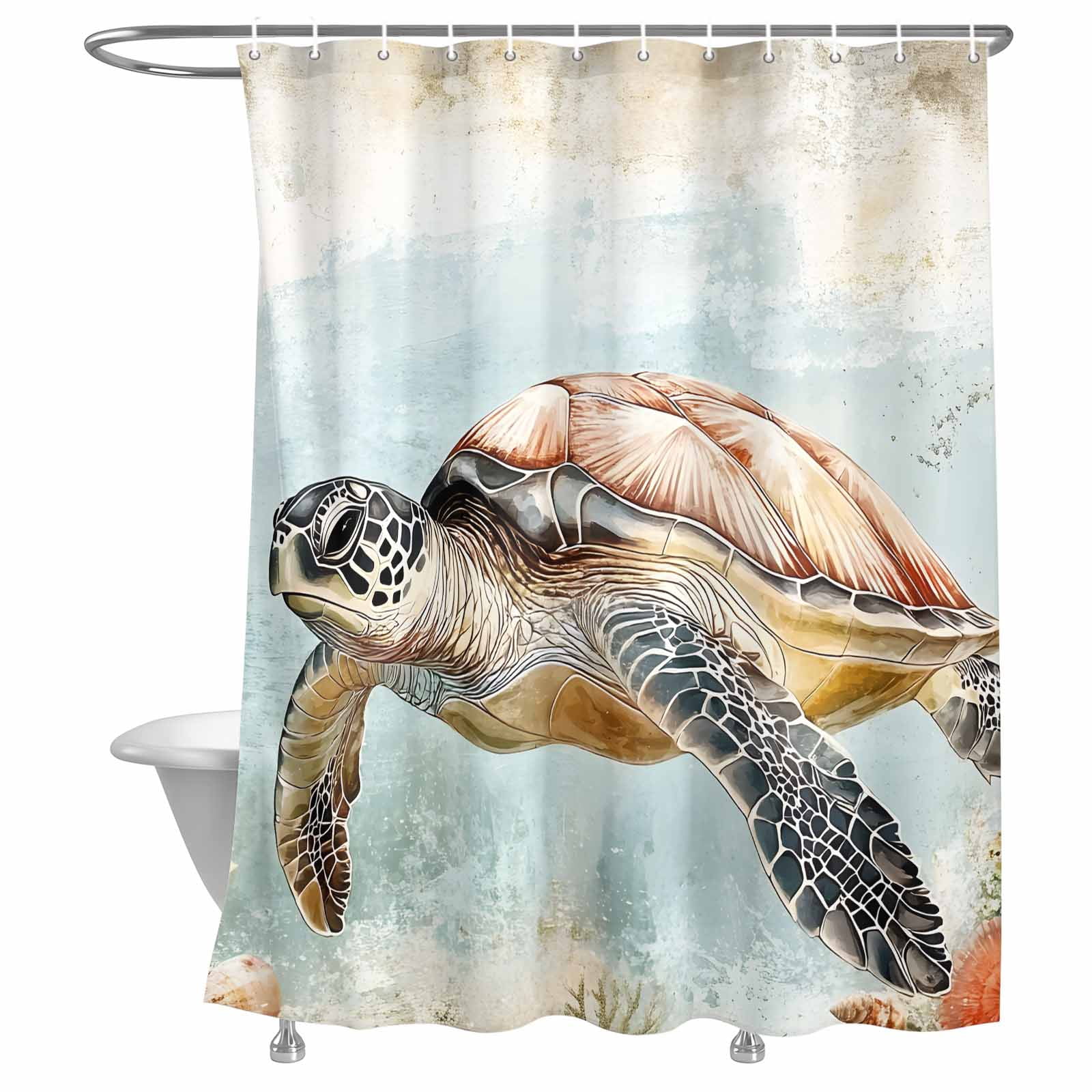 Bathroom Shower Curtain Vintage Ocean Sea Turtle Coral Reef on Blue ...