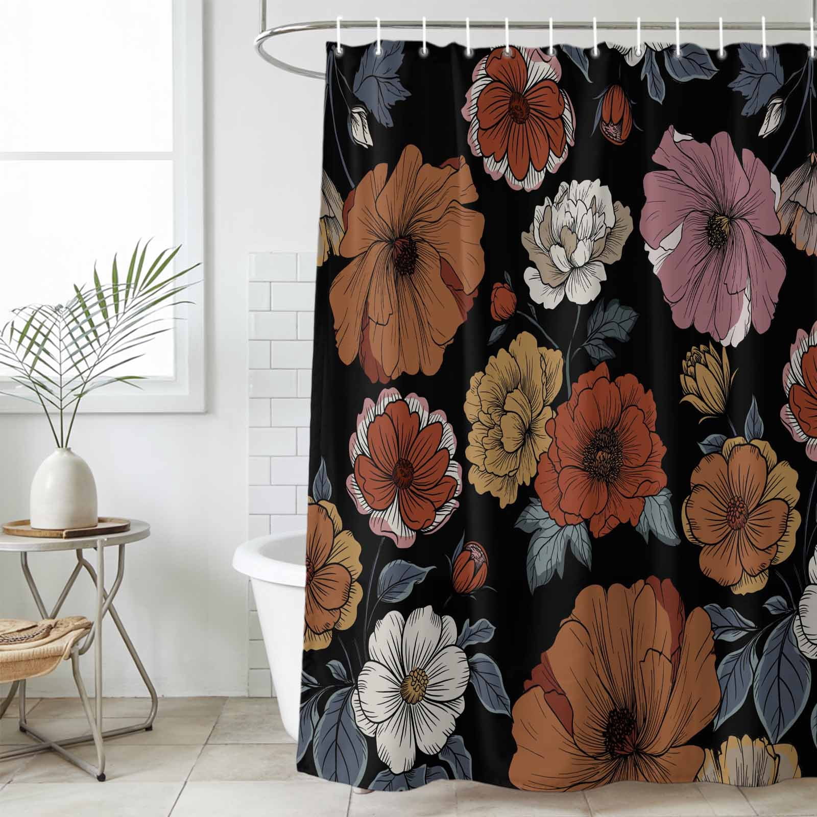 Bathroom Shower Curtain Vintage Orange Pink Flowers Blue Leaves ...