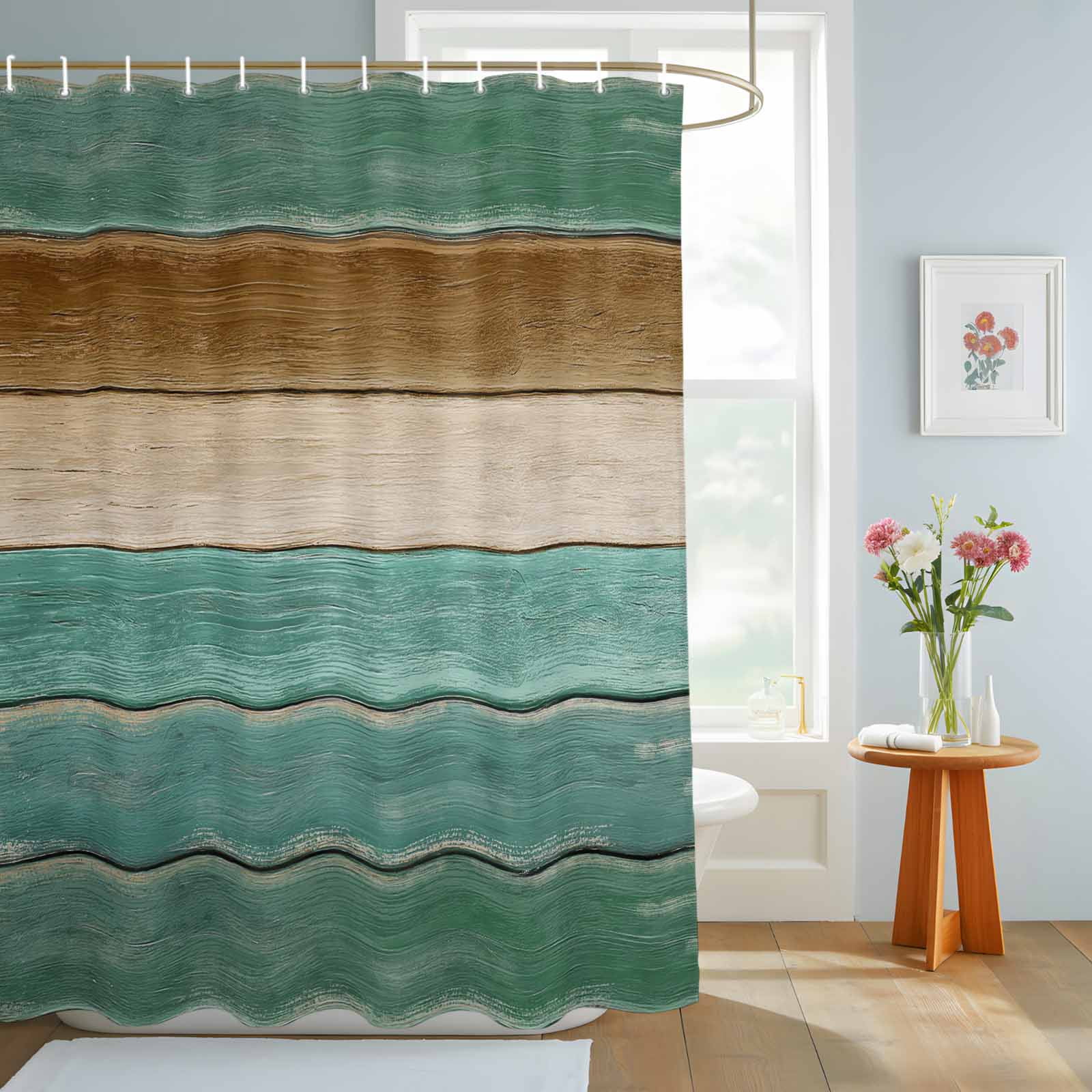 Bathroom Shower Curtain Vintage Plank Turquoise Brown Waterproof Shower ...
