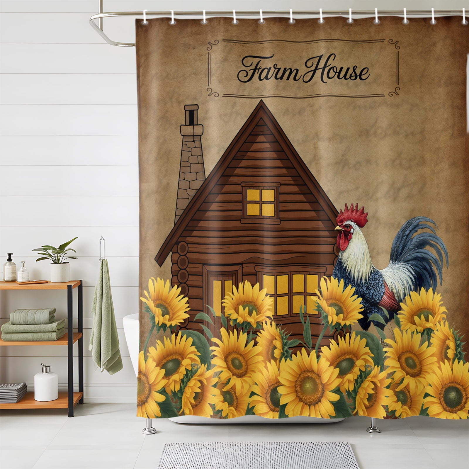 Bathroom Shower Curtain Vintage Sunflowers Chicken Farm House ...