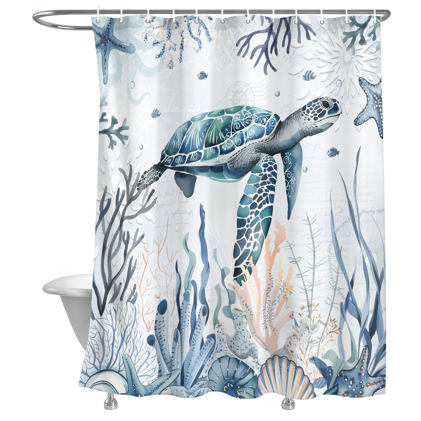 Bathroom Shower Curtain Vintage Turtle Coral Seaweed Waterproof Shower ...