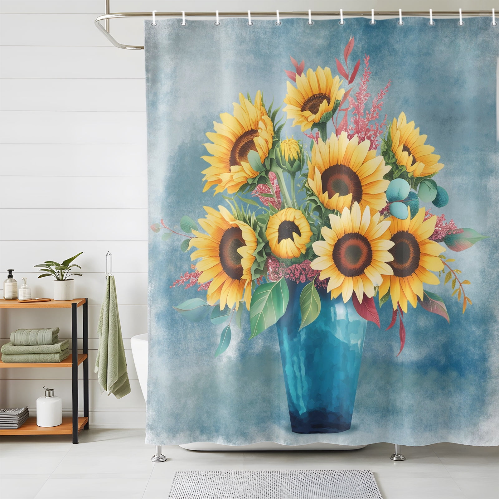 Bathroom Shower Curtain Vintage Yellow Blooming Sunflower Vase Floral ...