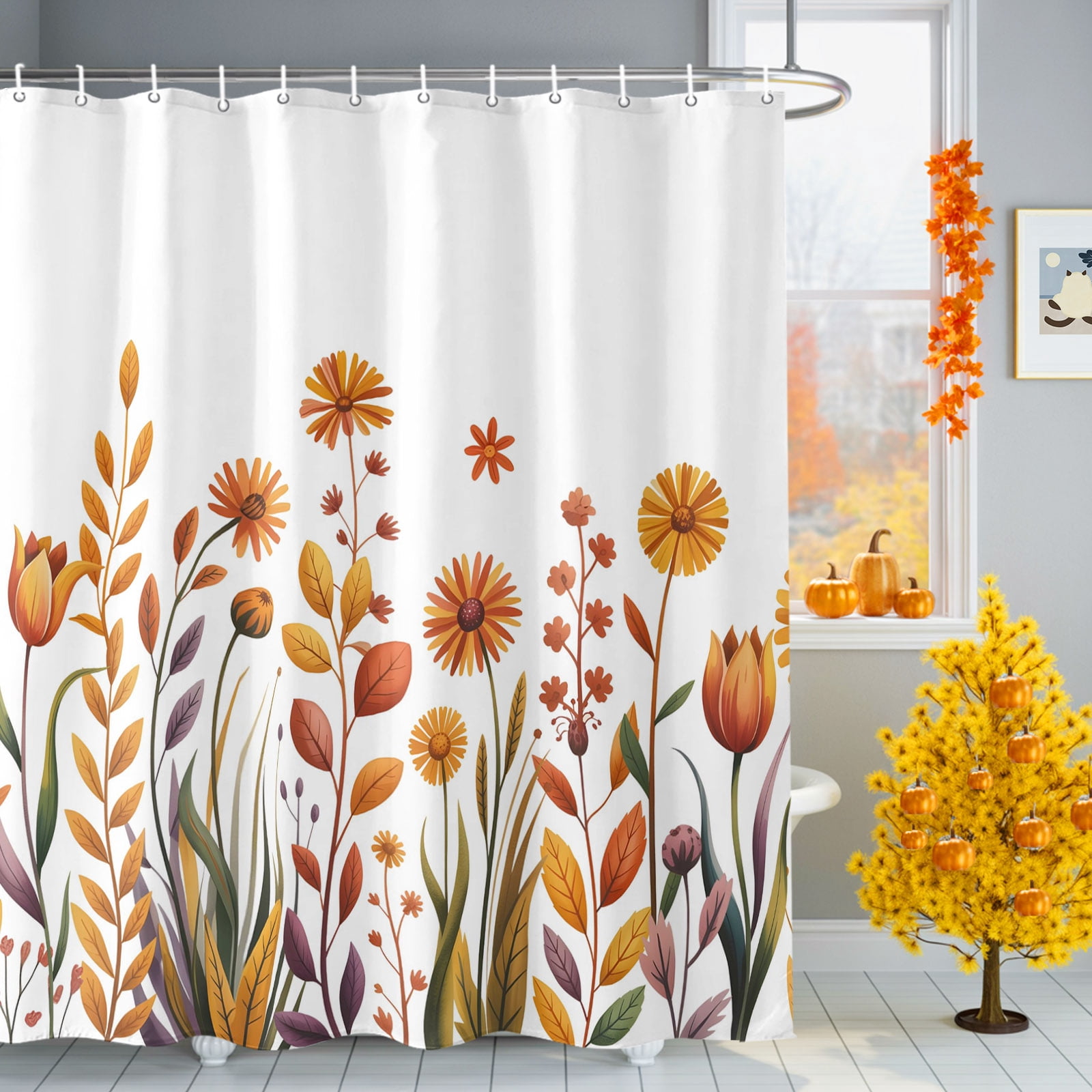 Bathroom Shower Curtain Watercolor Autumn Flower Waterproof Shower ...