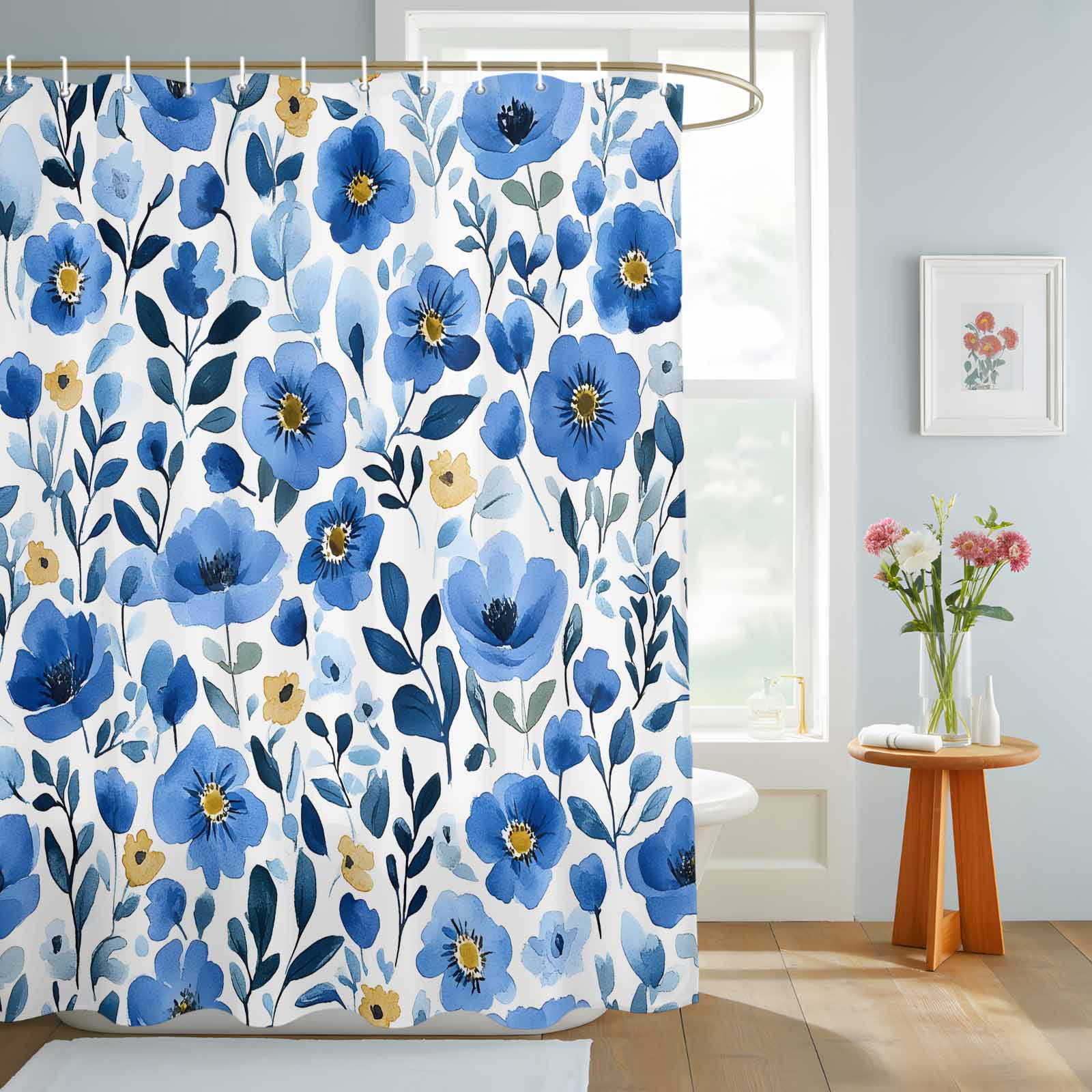 Bathroom Shower Curtain Watercolor Blossom Blue Flower Waterproof ...