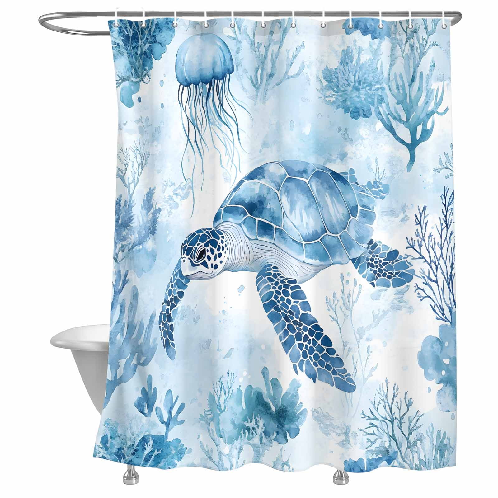 Bathroom Shower Curtain Watercolor Blue Marine Sea Turtle Waterproof ...