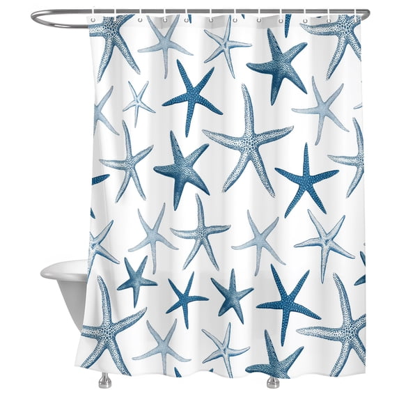 Bathroom Shower Curtain Watercolor Blue Marine Starfish Waterproof ...