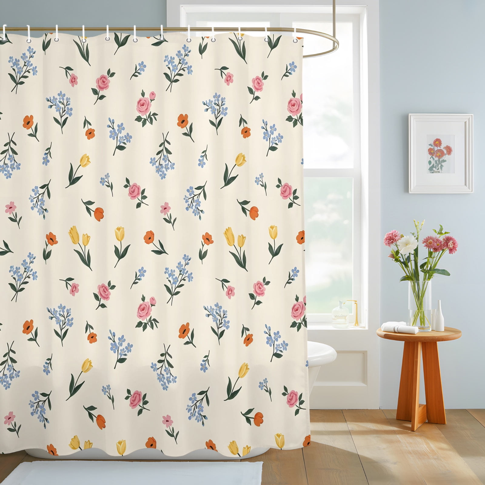 Bathroom Shower Curtain Watercolor Blue Pink Yellow Flowers Waterproof ...