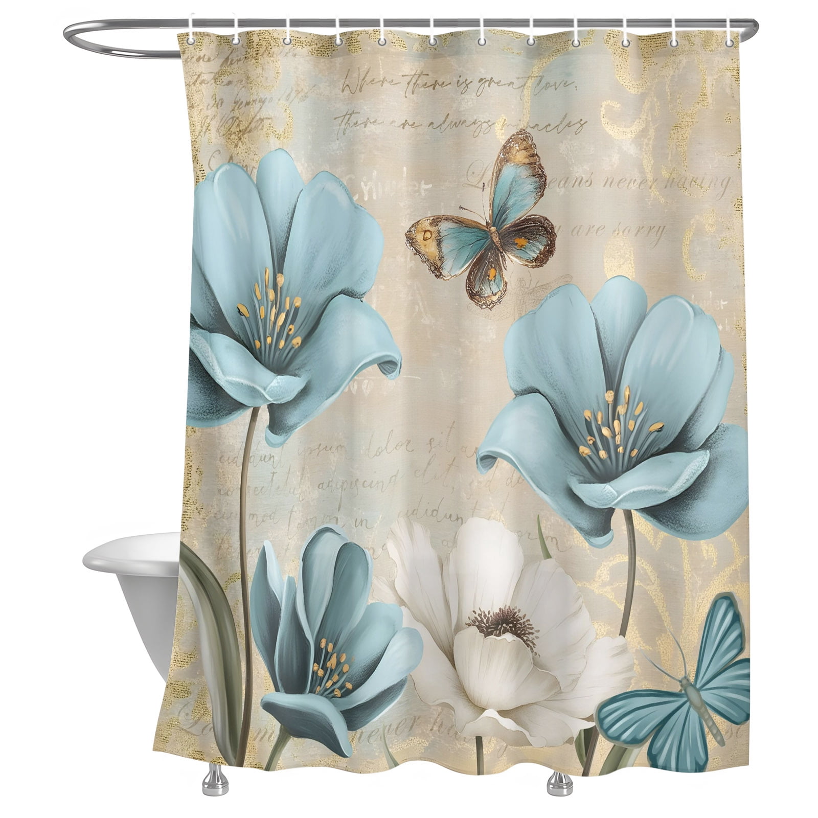 Bathroom Shower Curtain Watercolor Blue Tulips on Vintage Waterproof ...