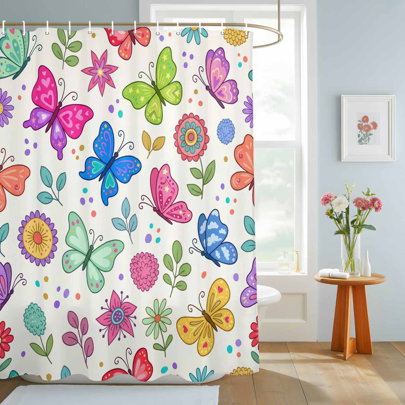Bathroom Shower Curtain Watercolor Butterflies Flowers Waterproof ...
