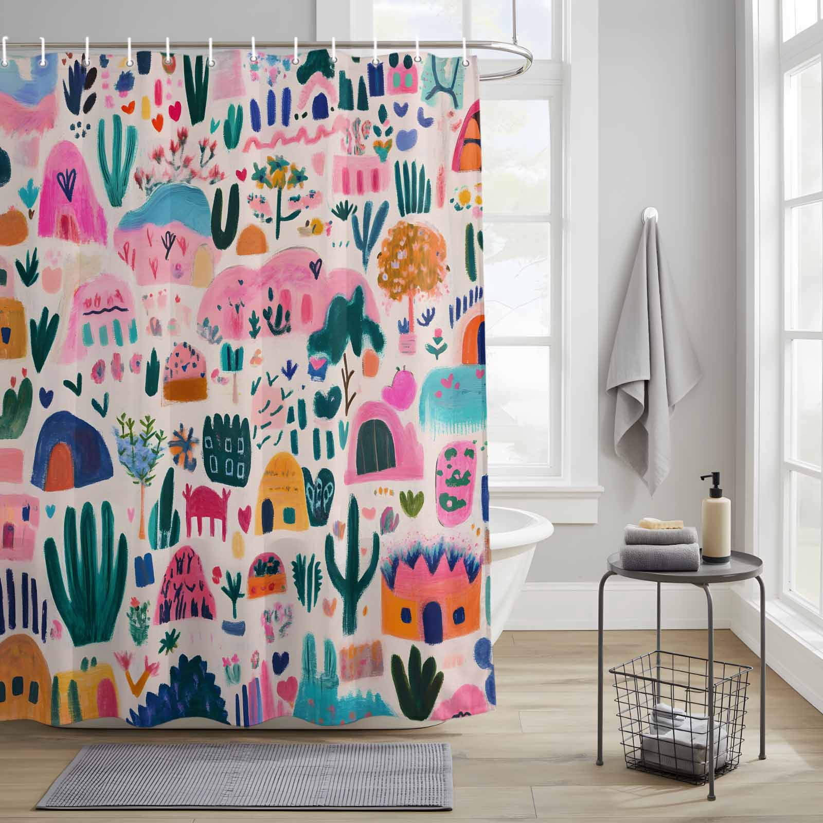 Bathroom Shower Curtain Watercolor Cartoon Cactus House Waterproof ...