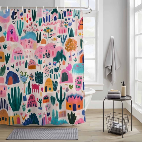Bathroom Shower Curtain Watercolor Cartoon Cactus House Waterproof ...