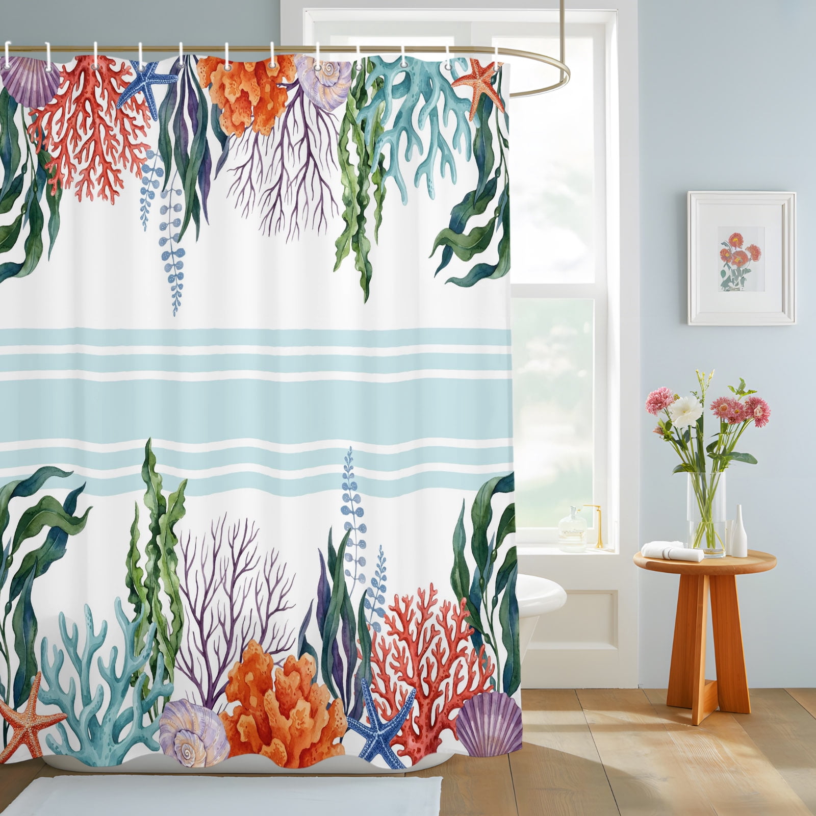 Bathroom Shower Curtain Watercolor Coral Starfish Seaweed Conch ...