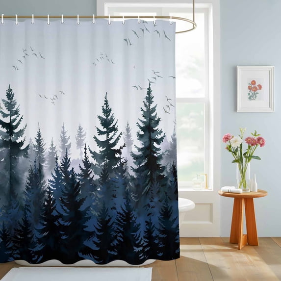 Bathroom Shower Curtain Watercolor Dark Blue Forest Bird Waterproof ...