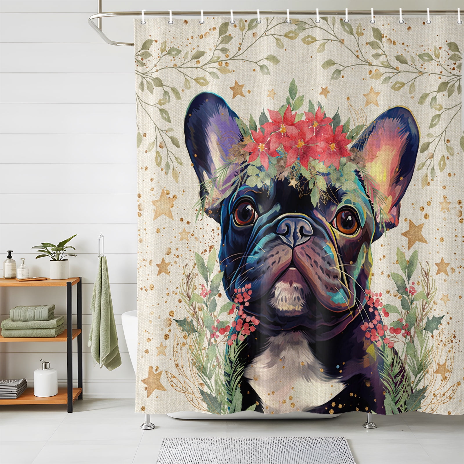 Bathroom Shower Curtain Watercolor Dog Floral Leaves Star Waterproof ...