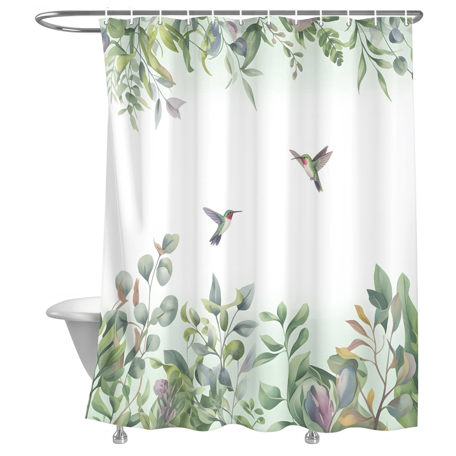 Bathroom Shower Curtain Watercolor Eucalyptus Leaf Bird Waterproof ...