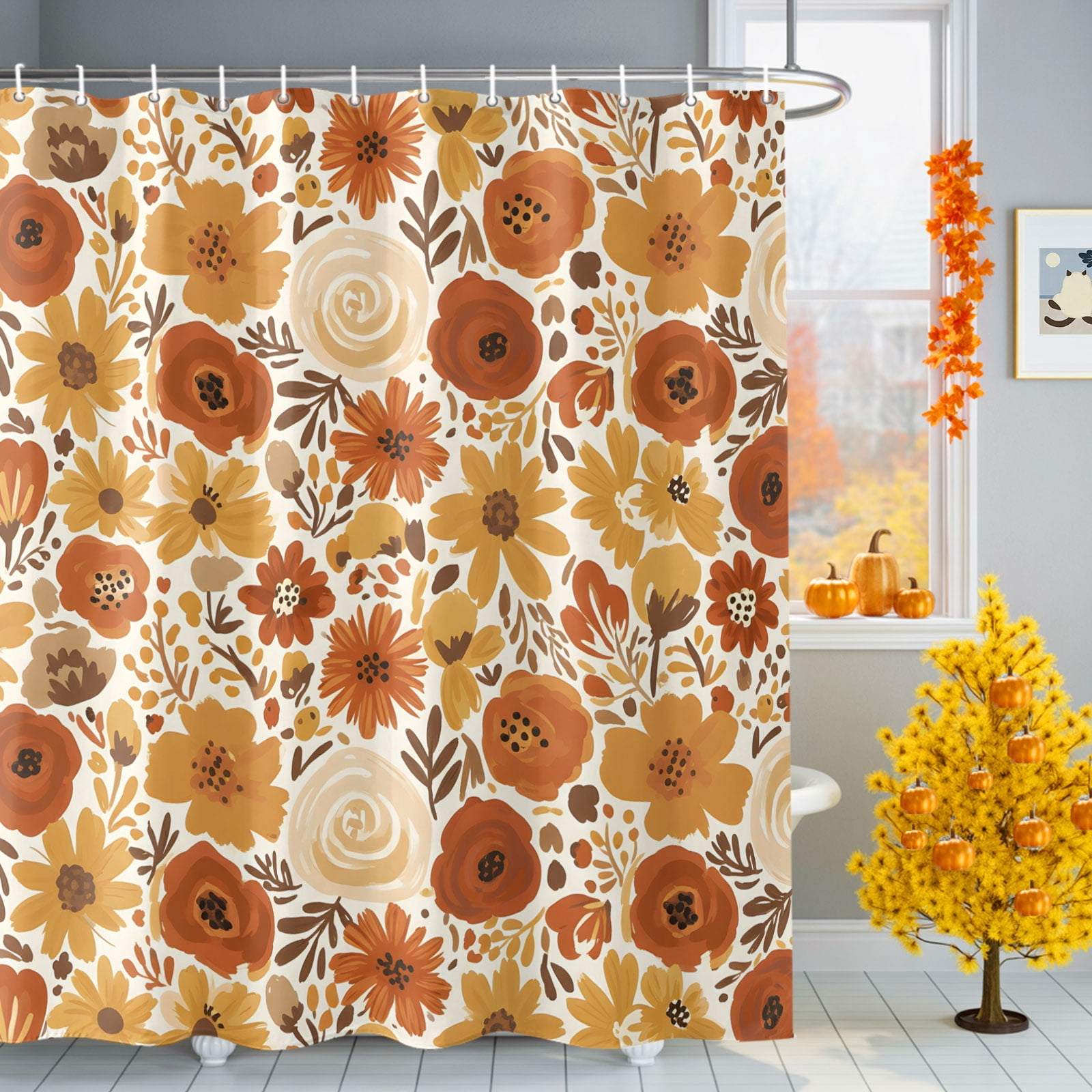 Bathroom Shower Curtain Watercolor Fall Flower Leaves Waterproof Shower ...