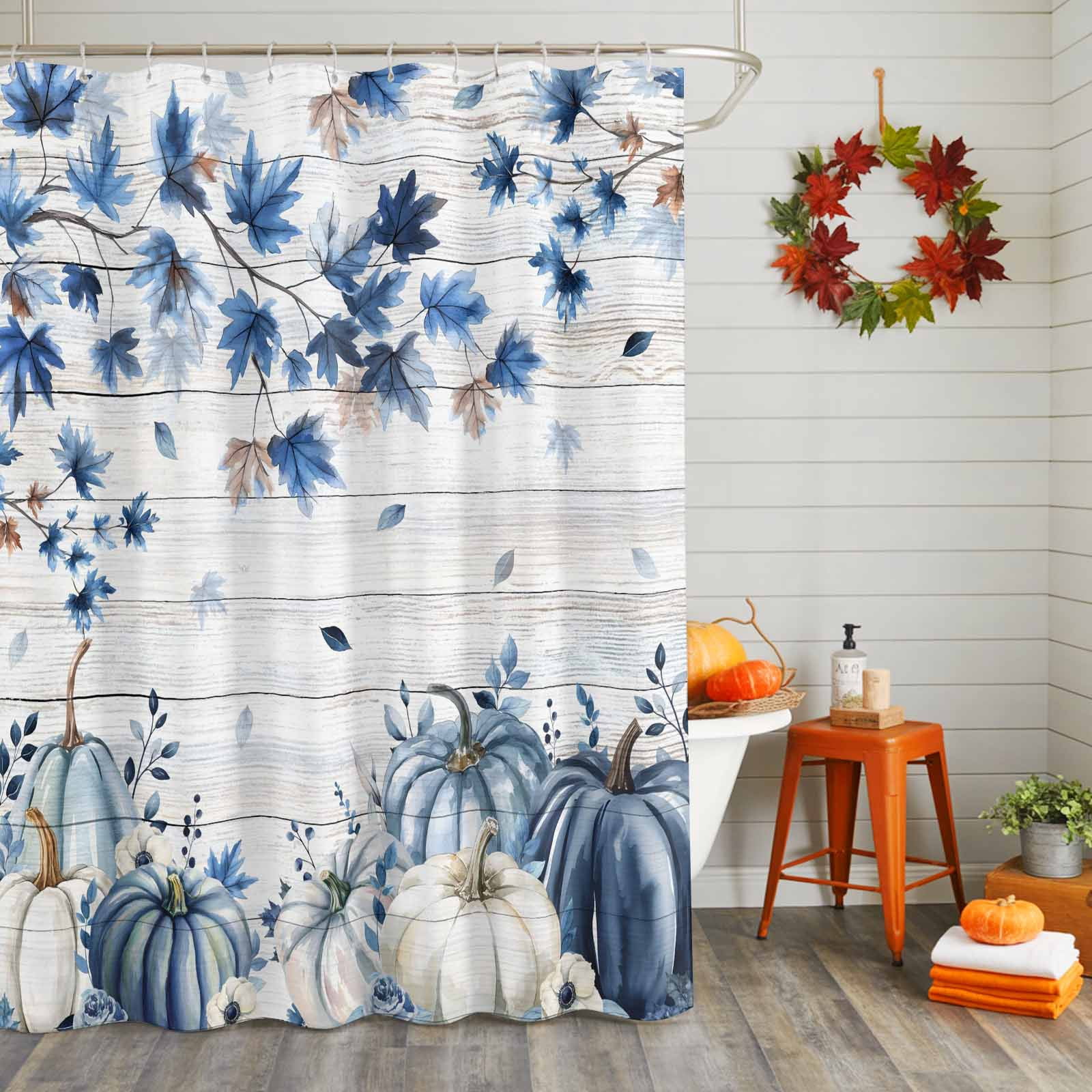 Bathroom Shower Curtain Watercolor Fall Pumpkin Maple Leaves Waterproof ...