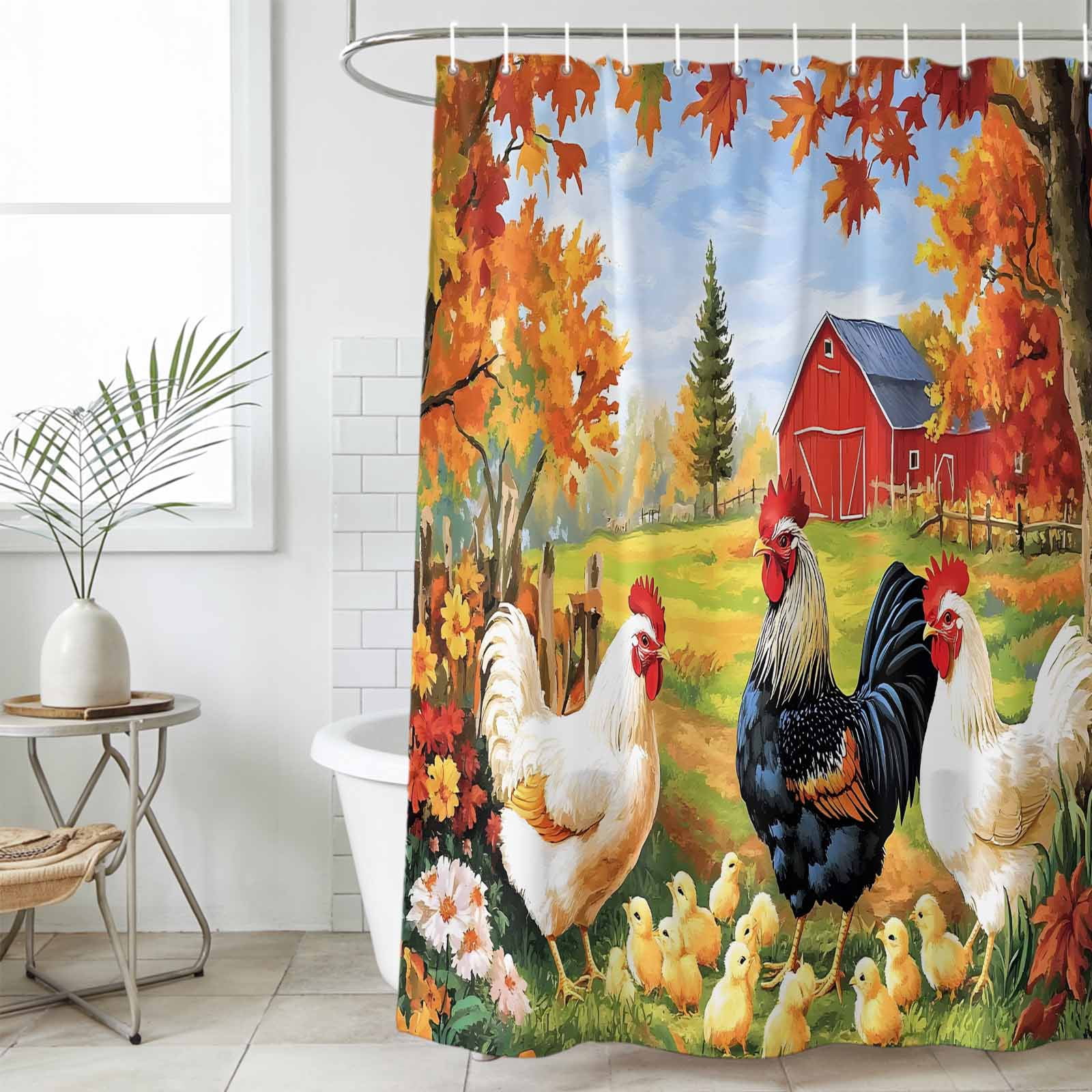 Bathroom Shower Curtain Watercolor Farm Rooster Barn Waterproof Shower ...