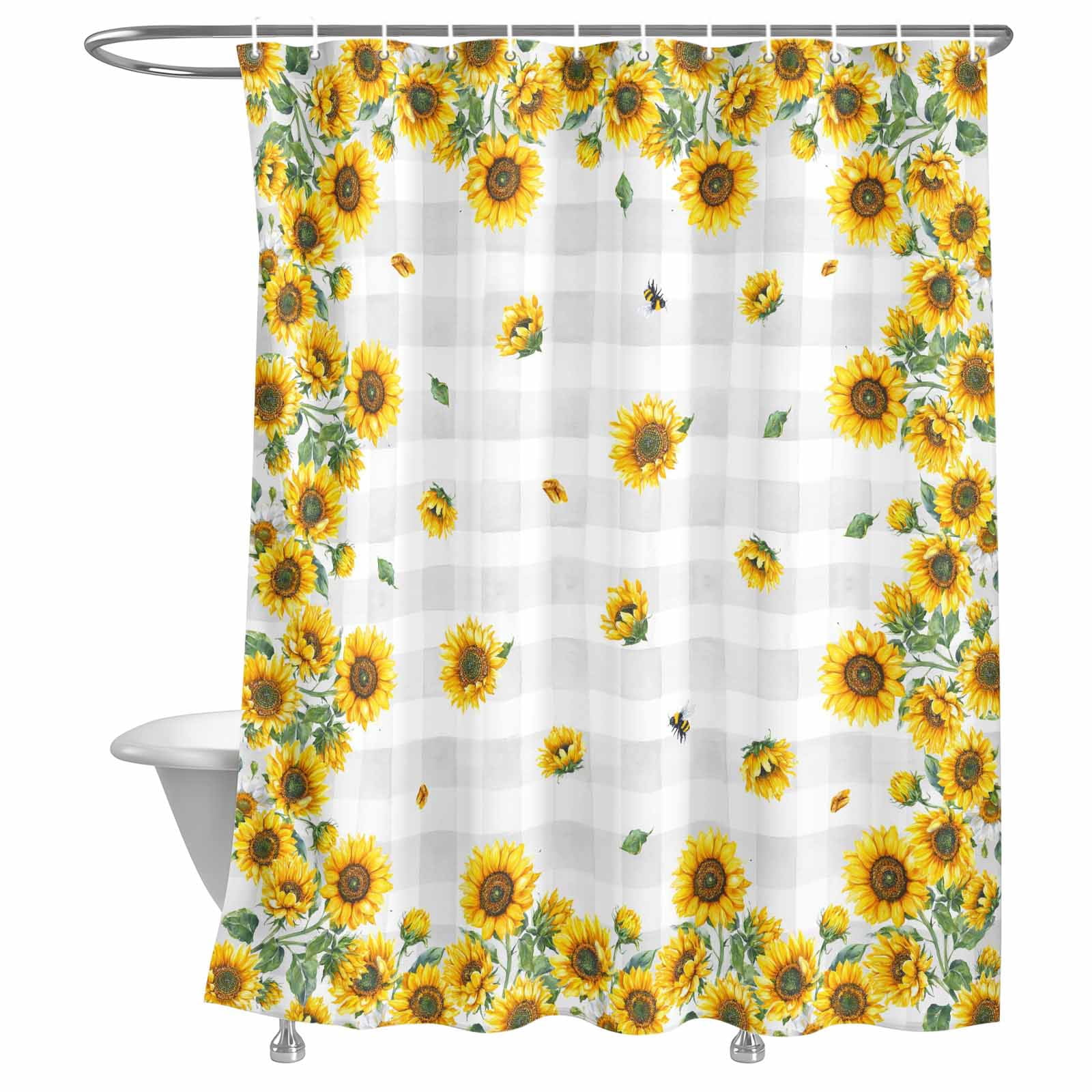 Bathroom Shower Curtain Watercolor Farm Sunflowers Bees Waterproof ...
