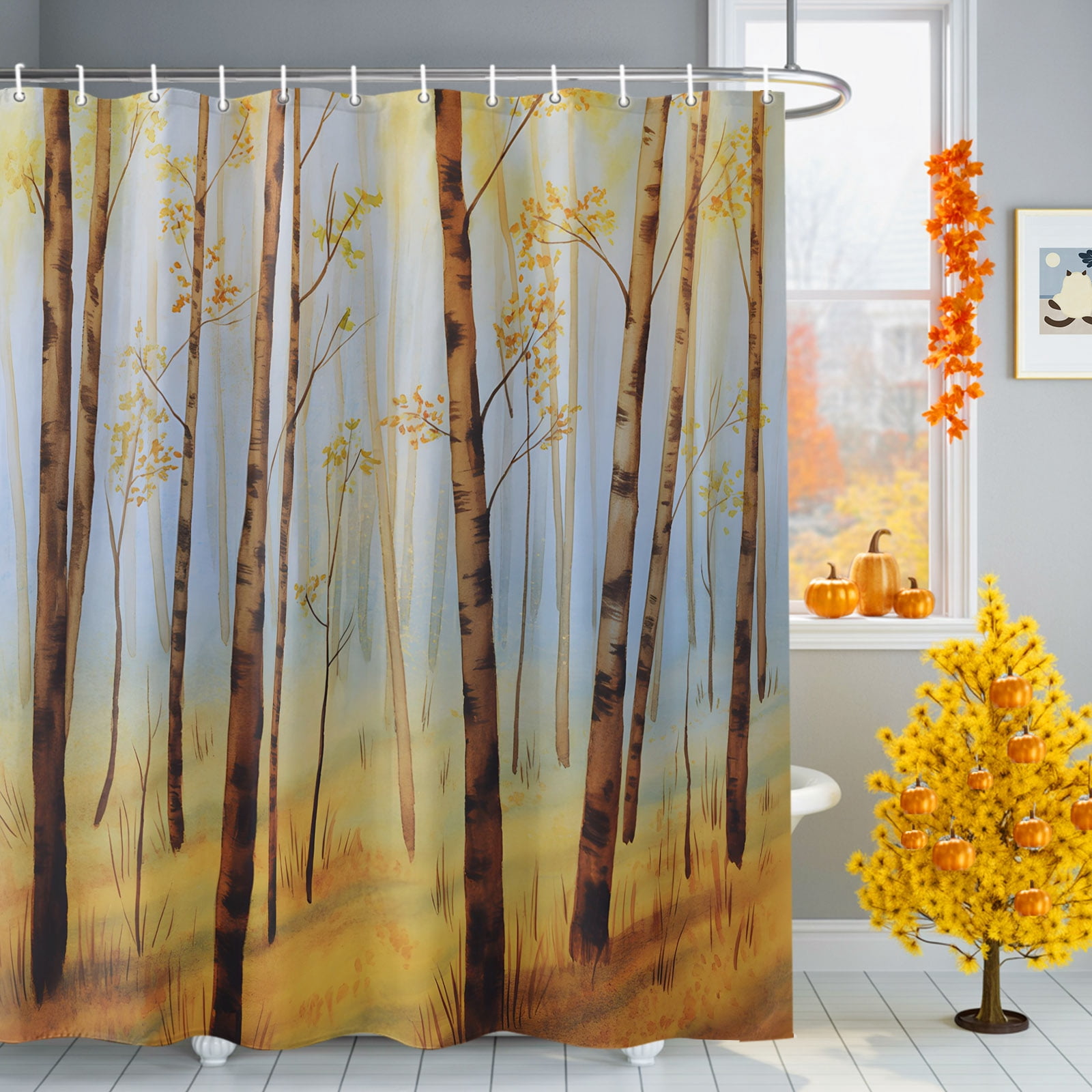 Bathroom Shower Curtain Watercolor Farmhouse Autumn Trees Leaves ...
