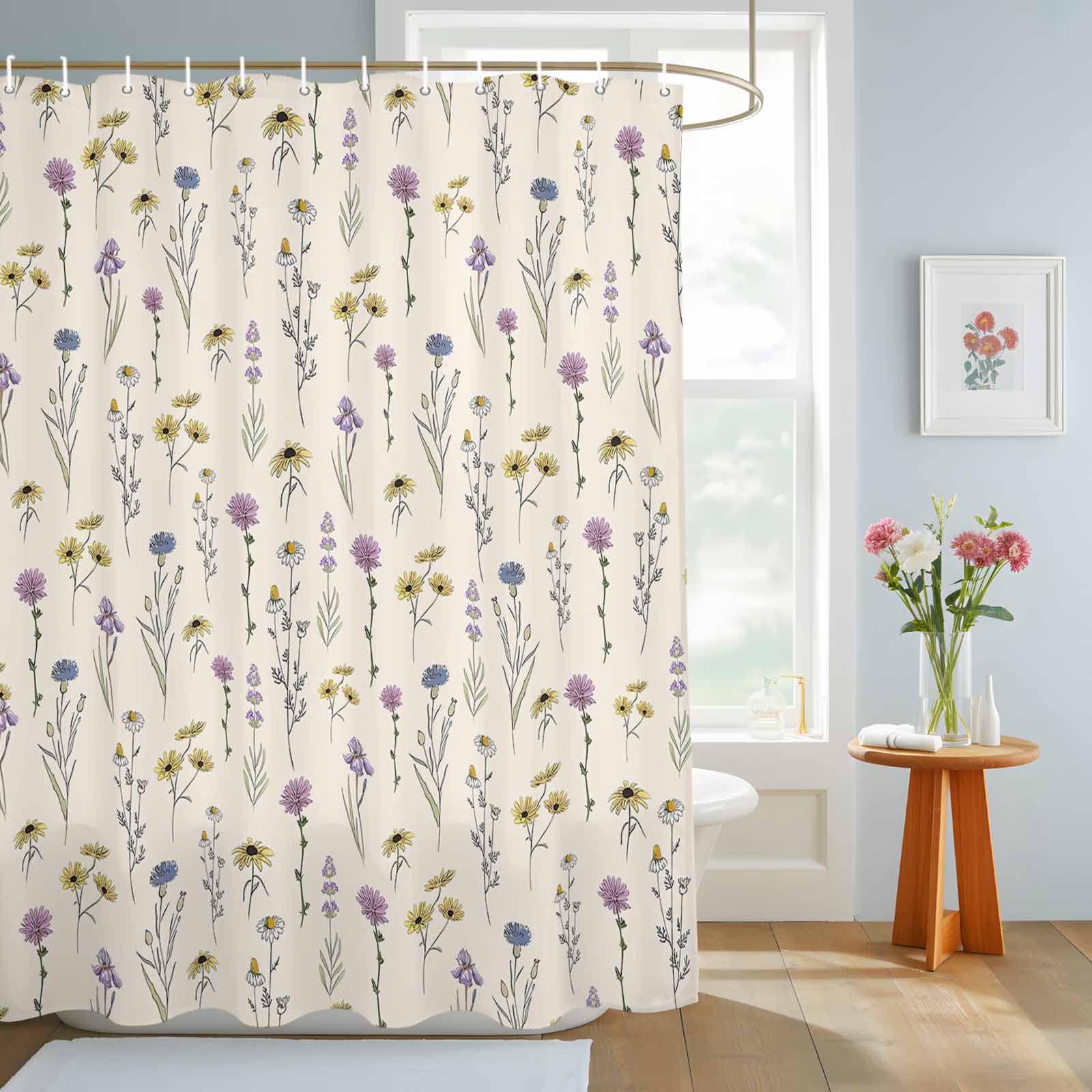 Bathroom Shower Curtain Watercolor Flower on Faint Yellow Waterproof ...