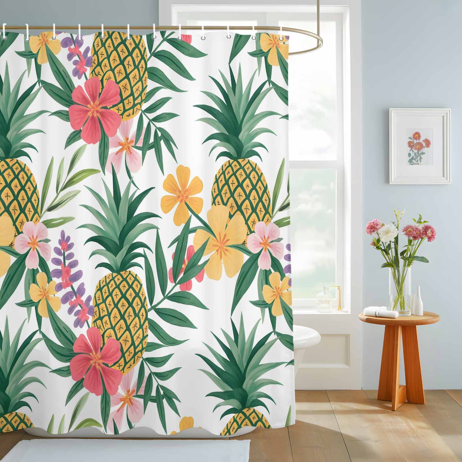 Bathroom Shower Curtain Watercolor Flower Pineapple Fruit Waterproof ...